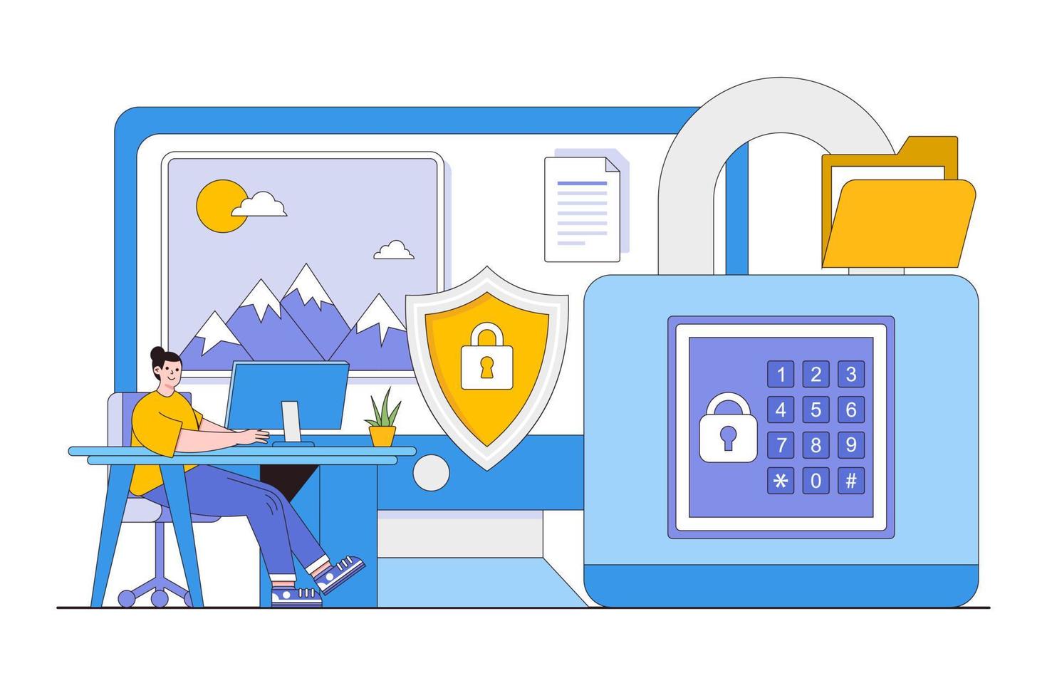 Flat Secure Data Concept With People Characters Outline Design Style Minimal Vector