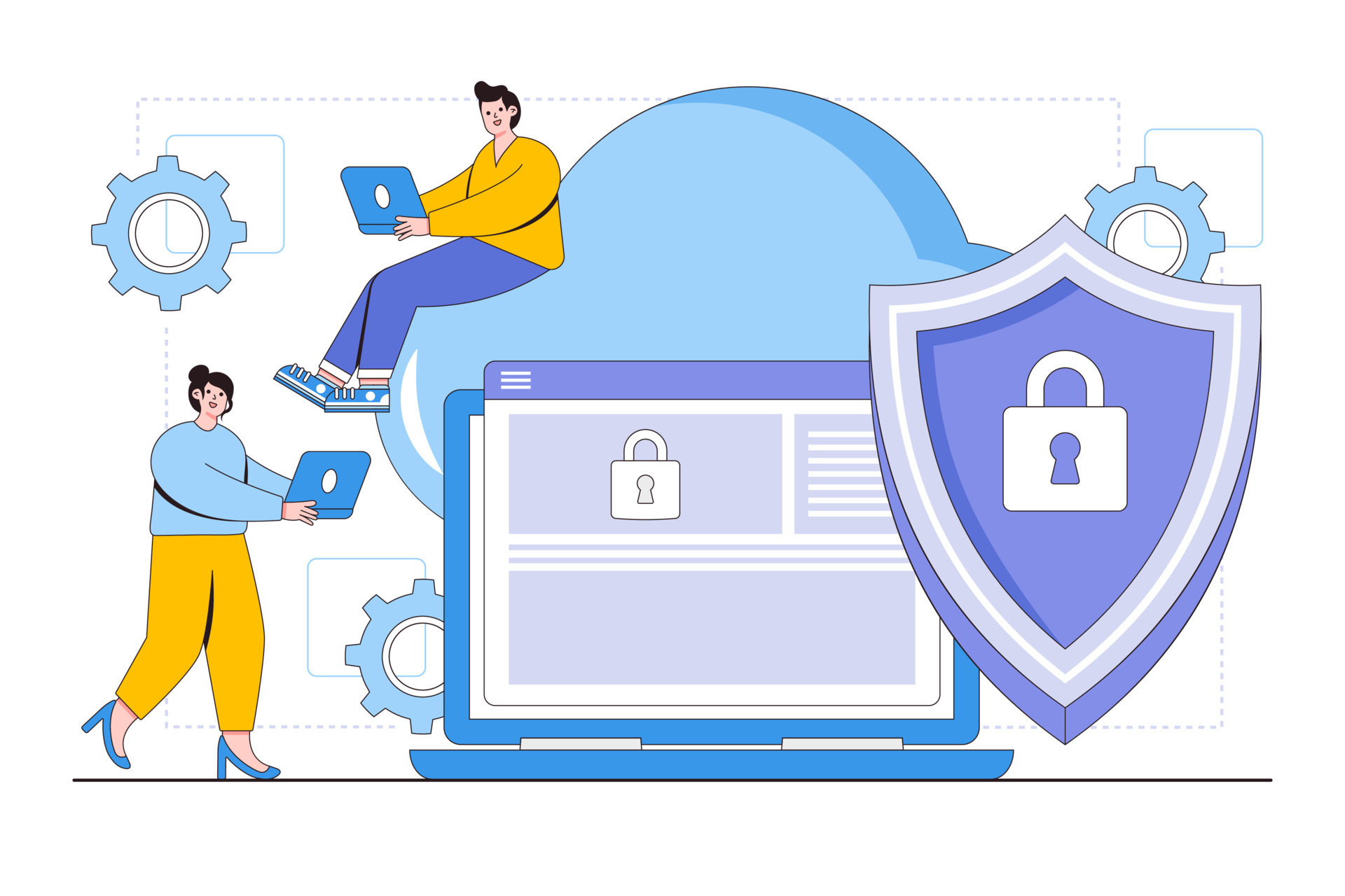 Flat cloud computing security concept with people characters. Outline ...