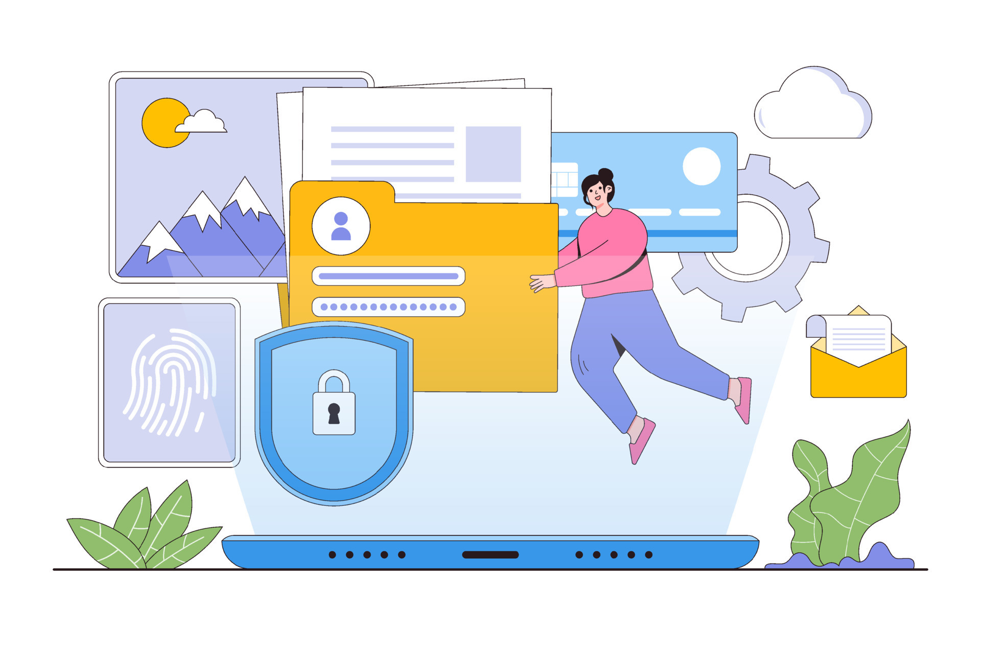 Flat Security Protection Digital Data From Private Key On Mobile Concept Outline Design Style