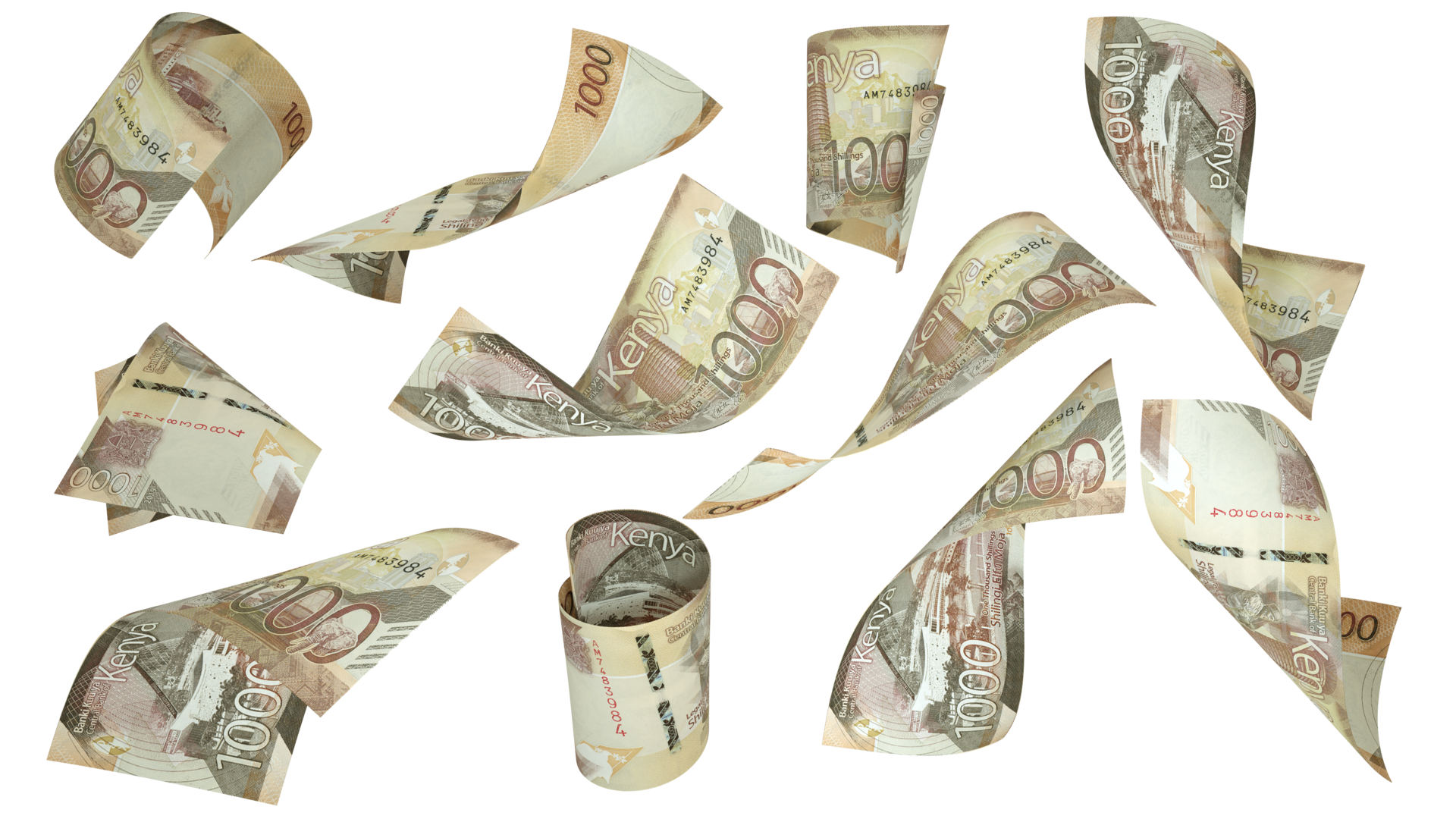 3d Rendering Of 1000 Kenyan Shilling Notes Flying In Different Angles And Orientations Isolated