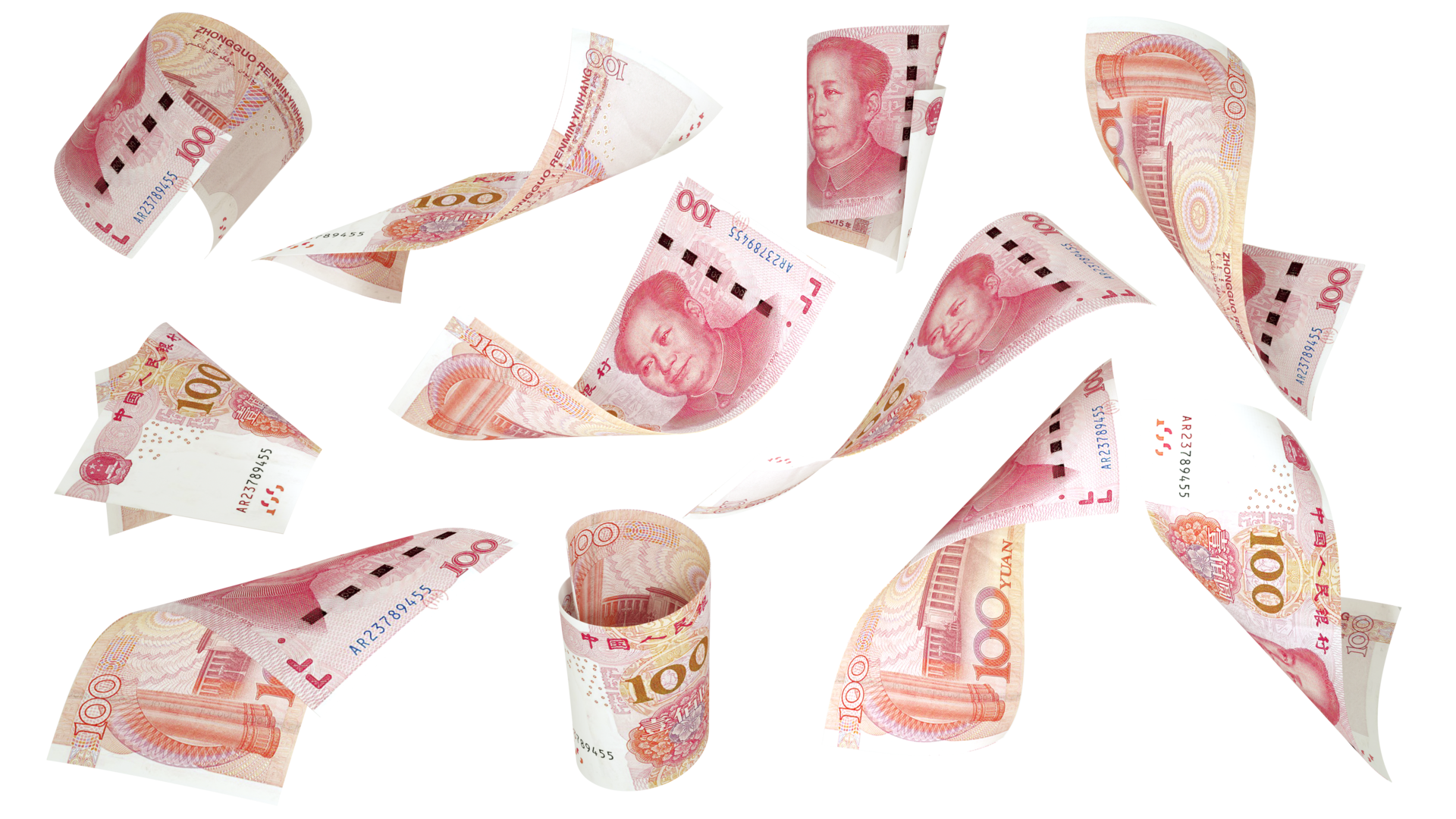 3d Rendering Of Chinese Yuan Notes Flying In Different Angles And Orientations Isolated On