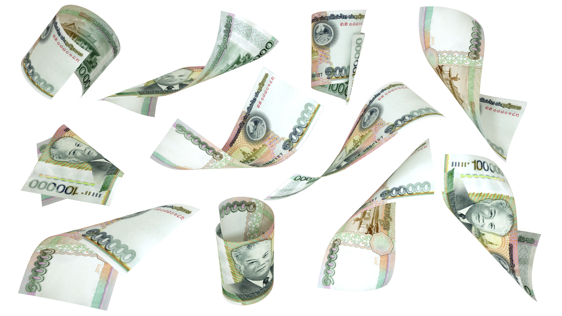 3d Rendering Of 100000 Laotian Kip Notes Flying In Different Angles And Orientations Isolated On