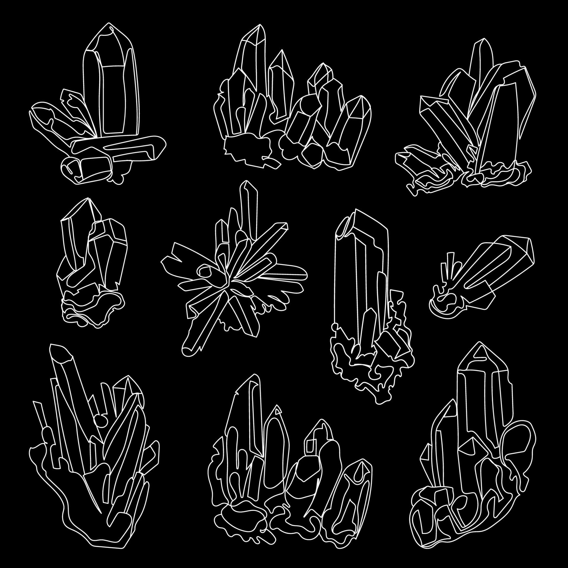 Line Crystal Stone Vector Set White Outline Polygon Minerals On Black