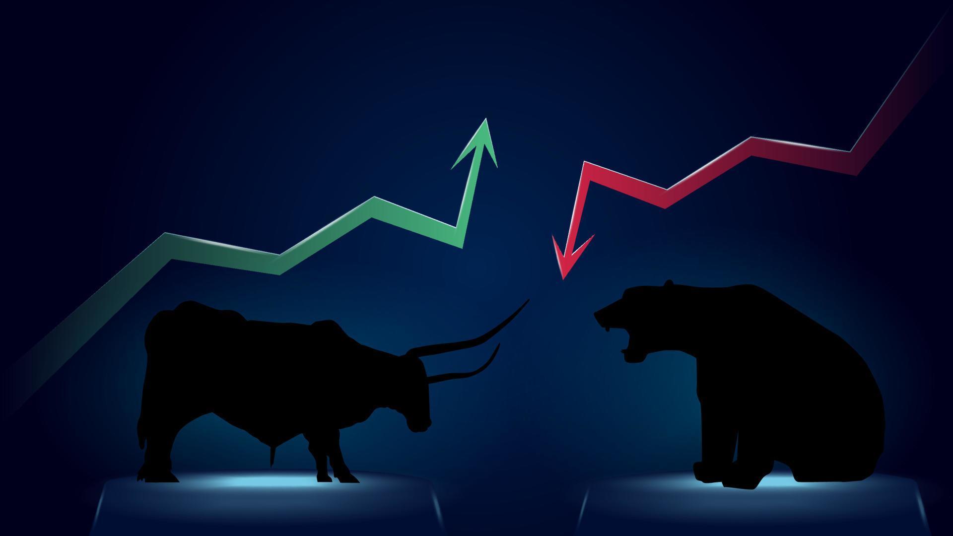 Bullish trend versus bearish trend with green up and red down arrows on dark blue background ...