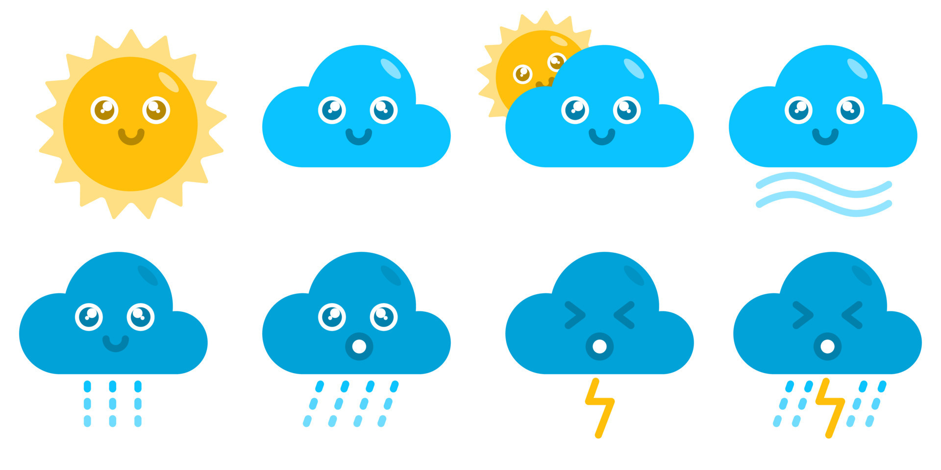 Weather Sun Cloud Wind Rain Thunder Cute Kawaii Cartoon Vector Concept Flat Illustration Style