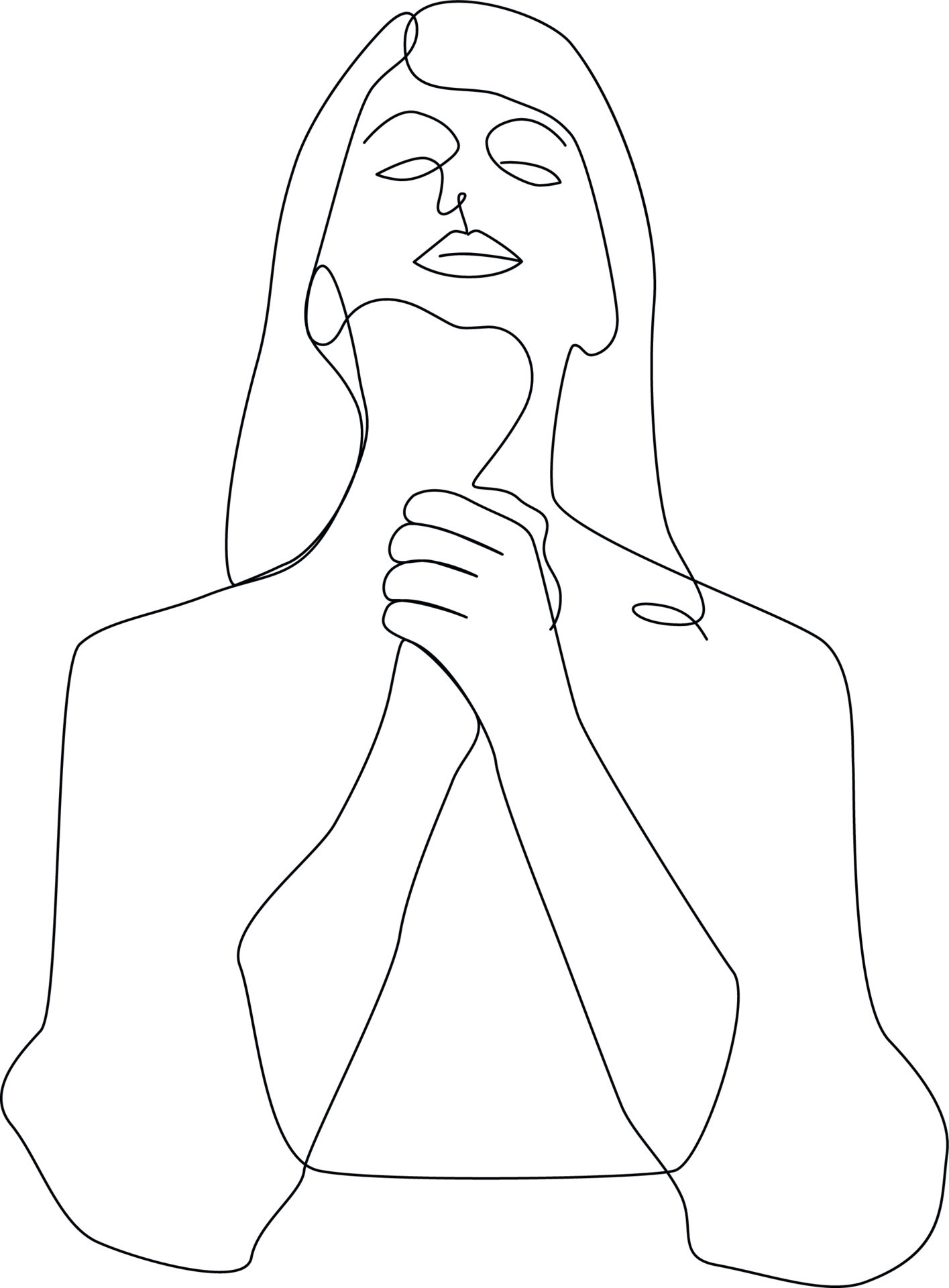 Line Art Girl Praying Woman Folded Her Hands In Prayer Silhouette One