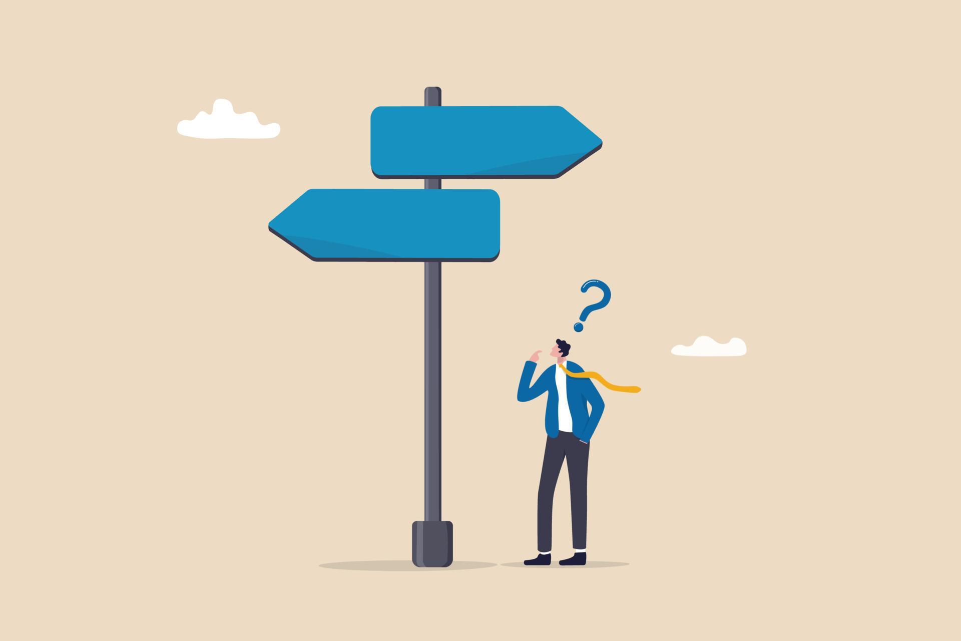 elegir entre 2 opciones, tomar una decisión a la izquierda o a la derecha, pensar en una ...