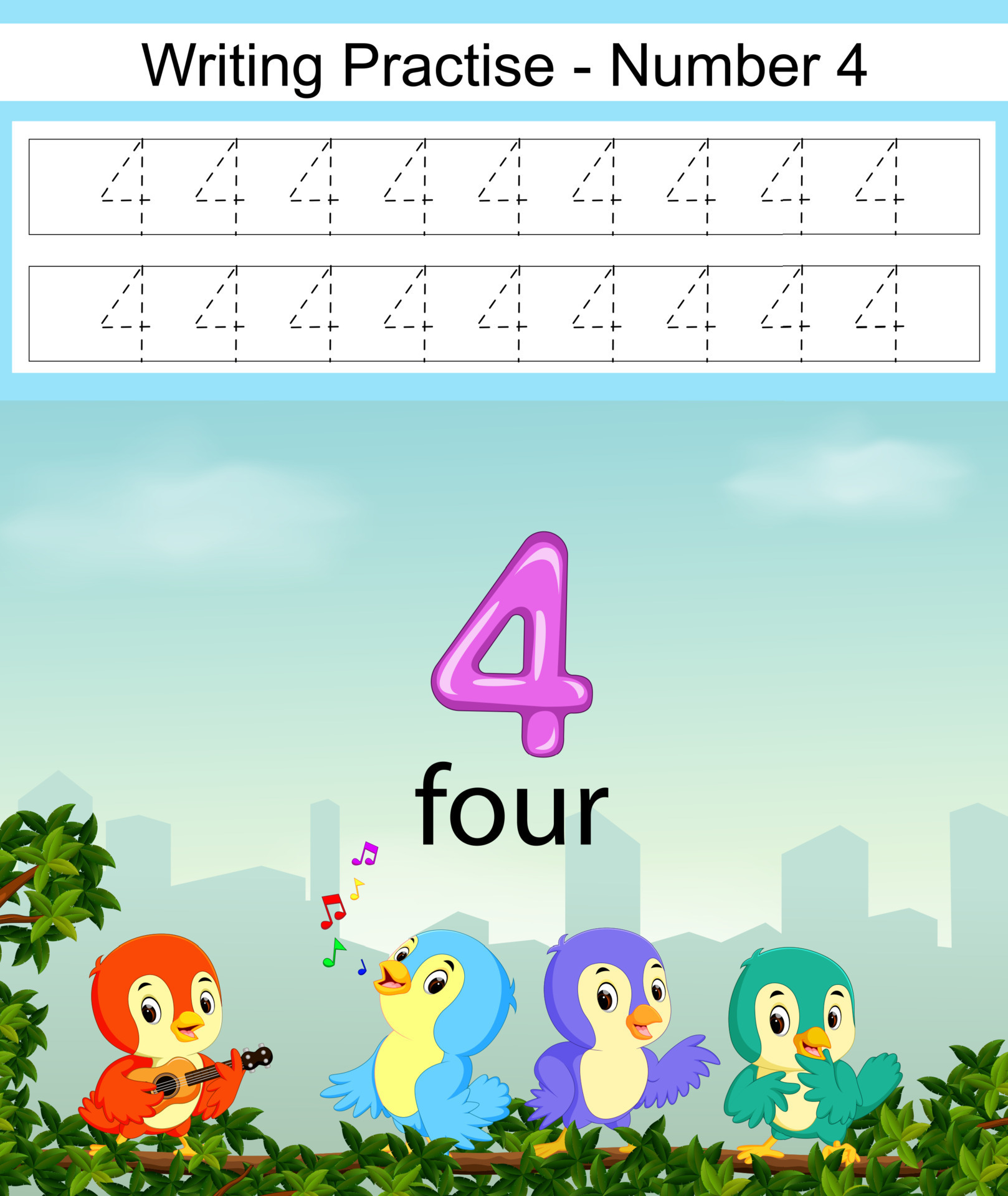 the writing practices number 4 with bird on the branch 13799424 Vector ...