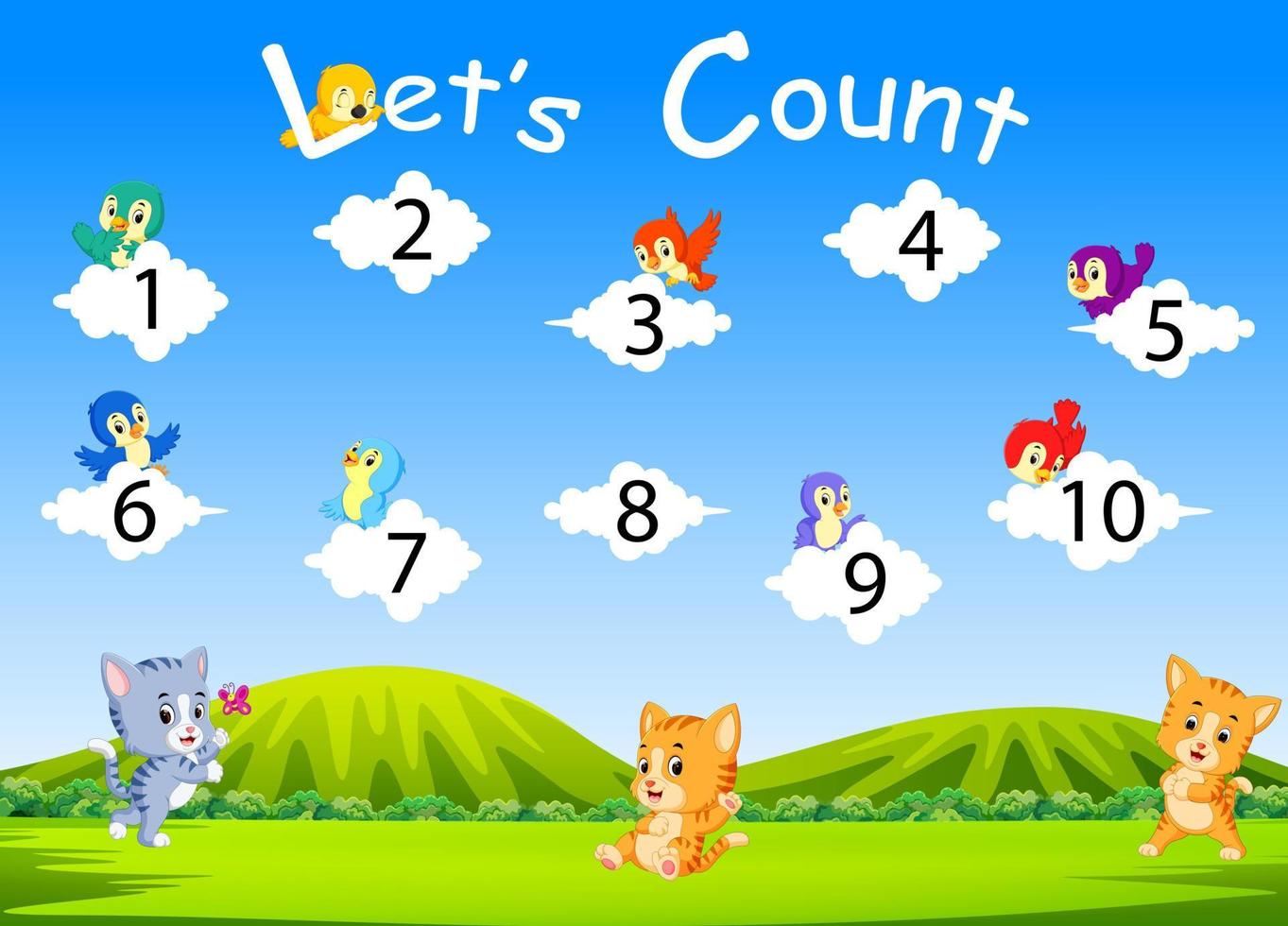 the collection of the number 1 until 10 on the cloud with the bird on ...