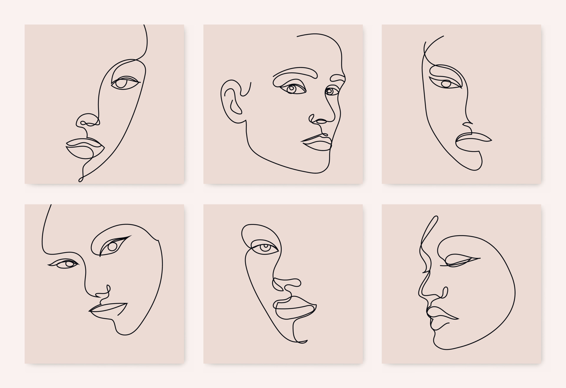 Vector Set Of One Line Art Portraits Continuous Portraits Abstract