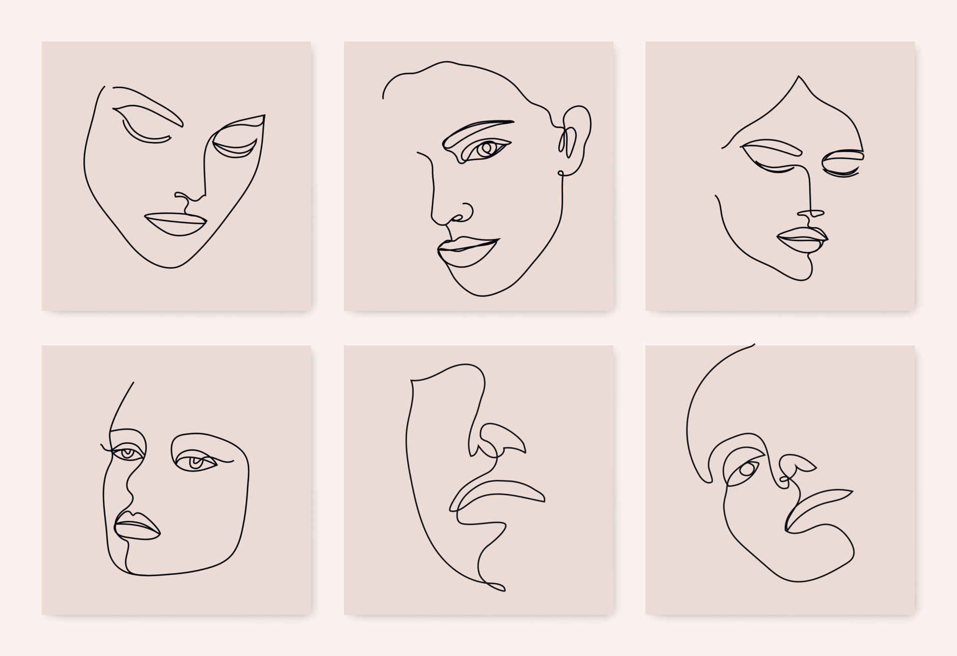 Vector Set Of One Line Art Portraits Continuous Portraits Abstract