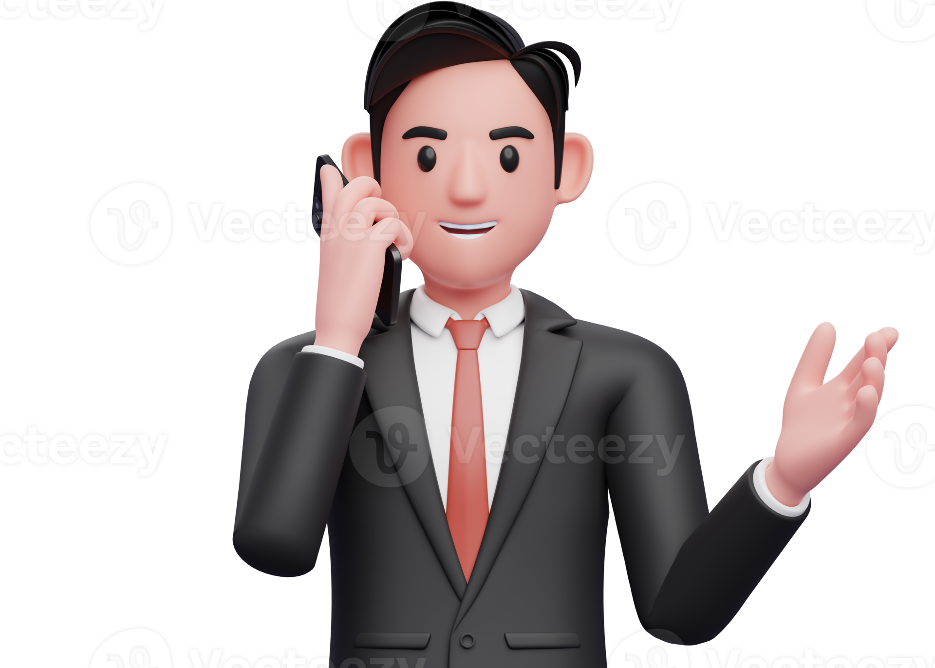 close up of businessman in black formal suit talking on phone while ...