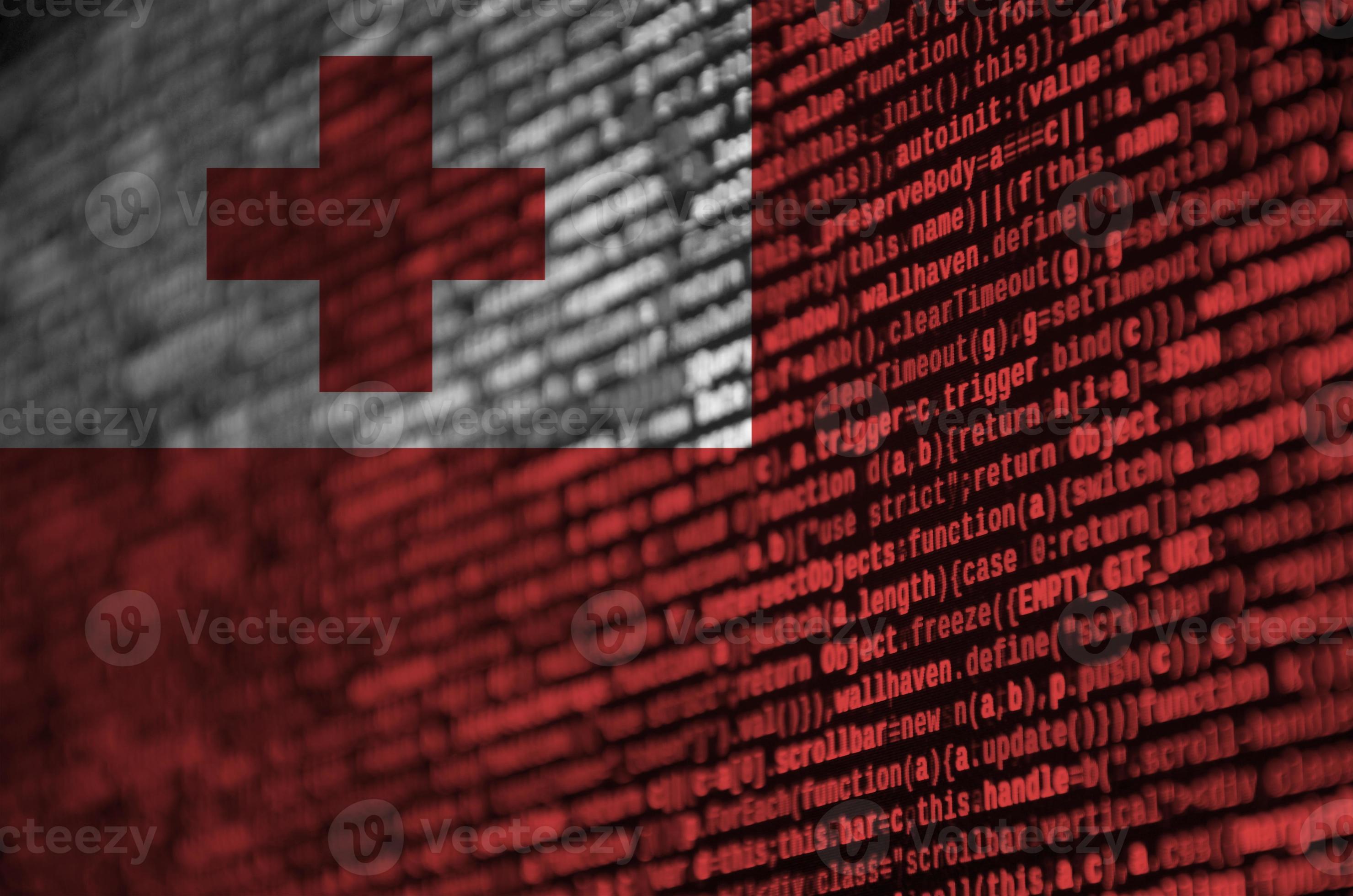 Tonga flag is depicted on the screen with the program code. The concept of modern technology and ...