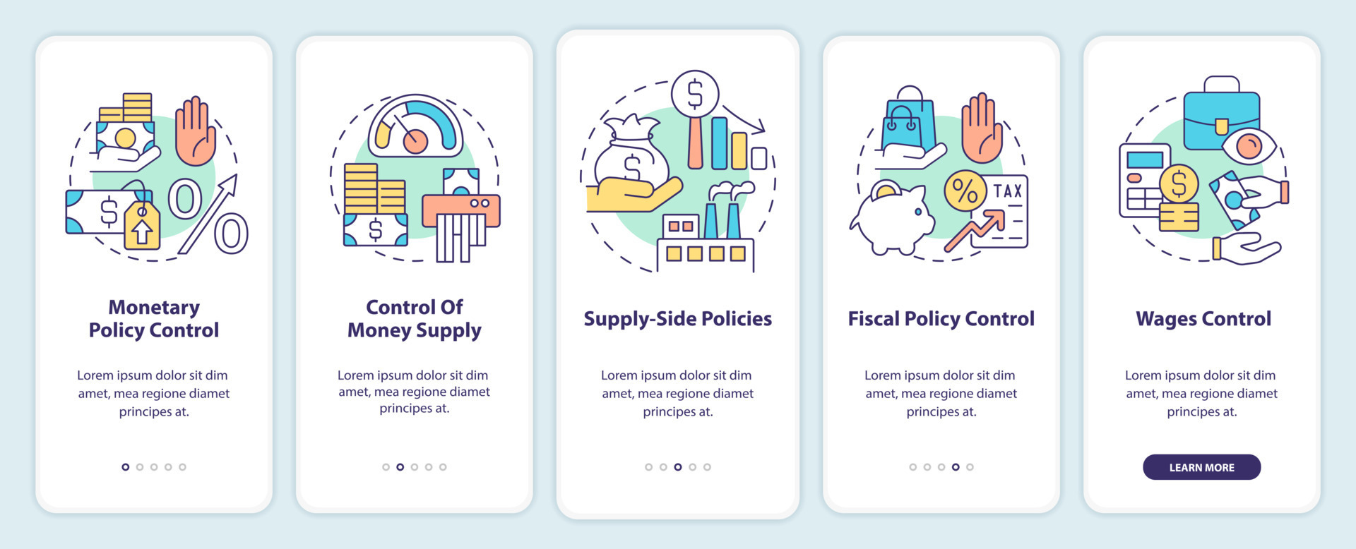 Controlling Inflation Onboarding Mobile App Screen Walkthrough 5 Steps Editable Graphic