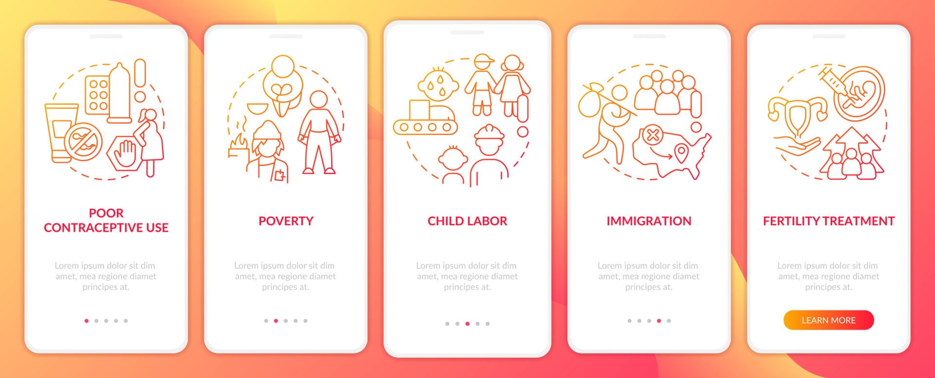 Causes Of Overpopulation Red Gradient Onboarding Mobile App Screen Reasons Walkthrough 5 Steps
