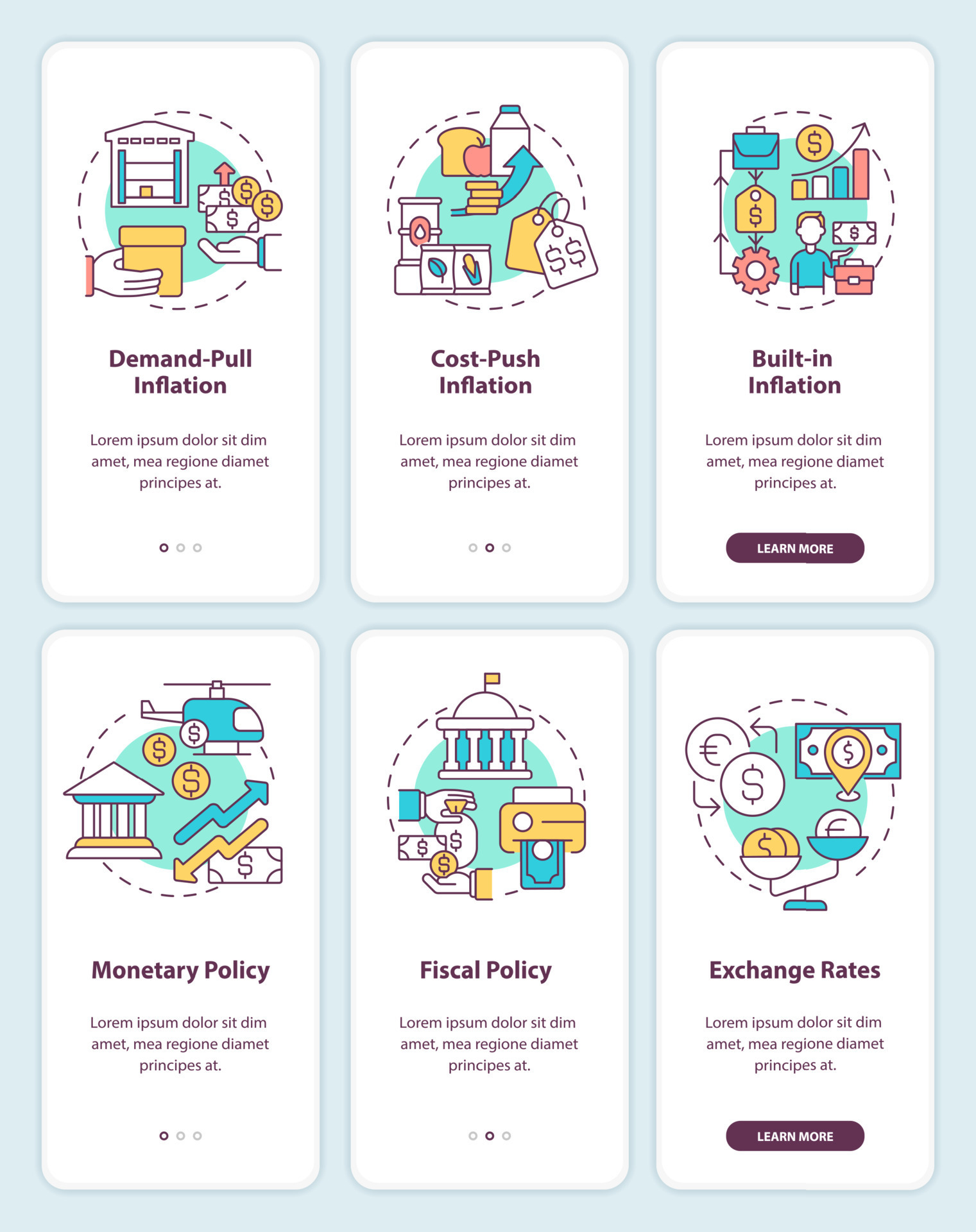 Inflation Types And Causes Onboarding Mobile App Screen Set Walkthrough 3 Steps Editable