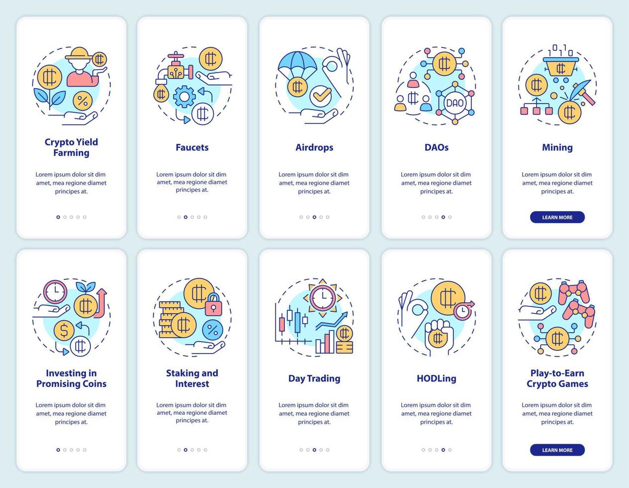 Making Money On Crypto Onboarding Mobile App Screen Set Blockchain Walkthrough 5 Steps Editable