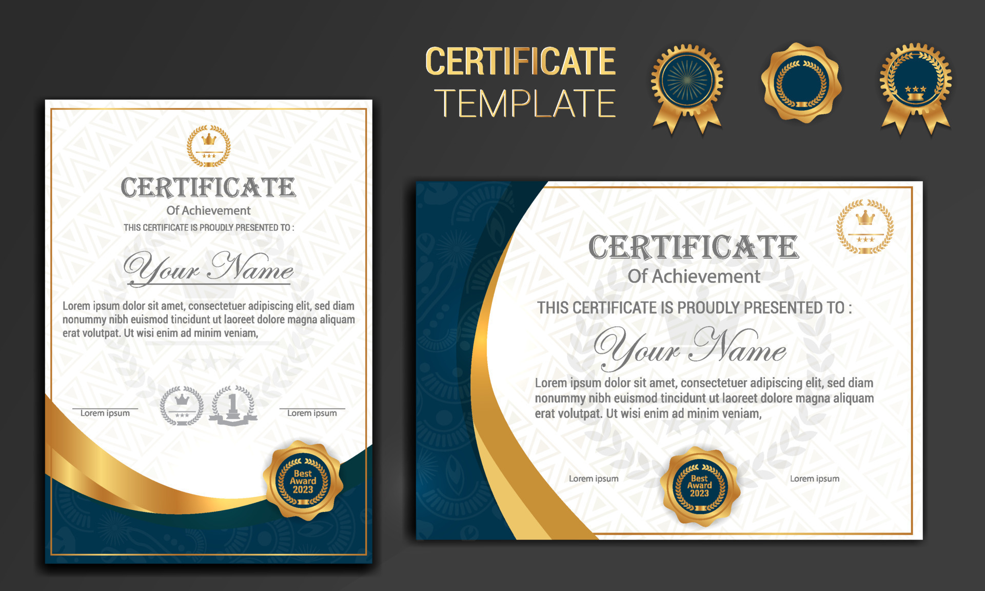 Certificate of achievement template, gold and blue color. Clean modern ...