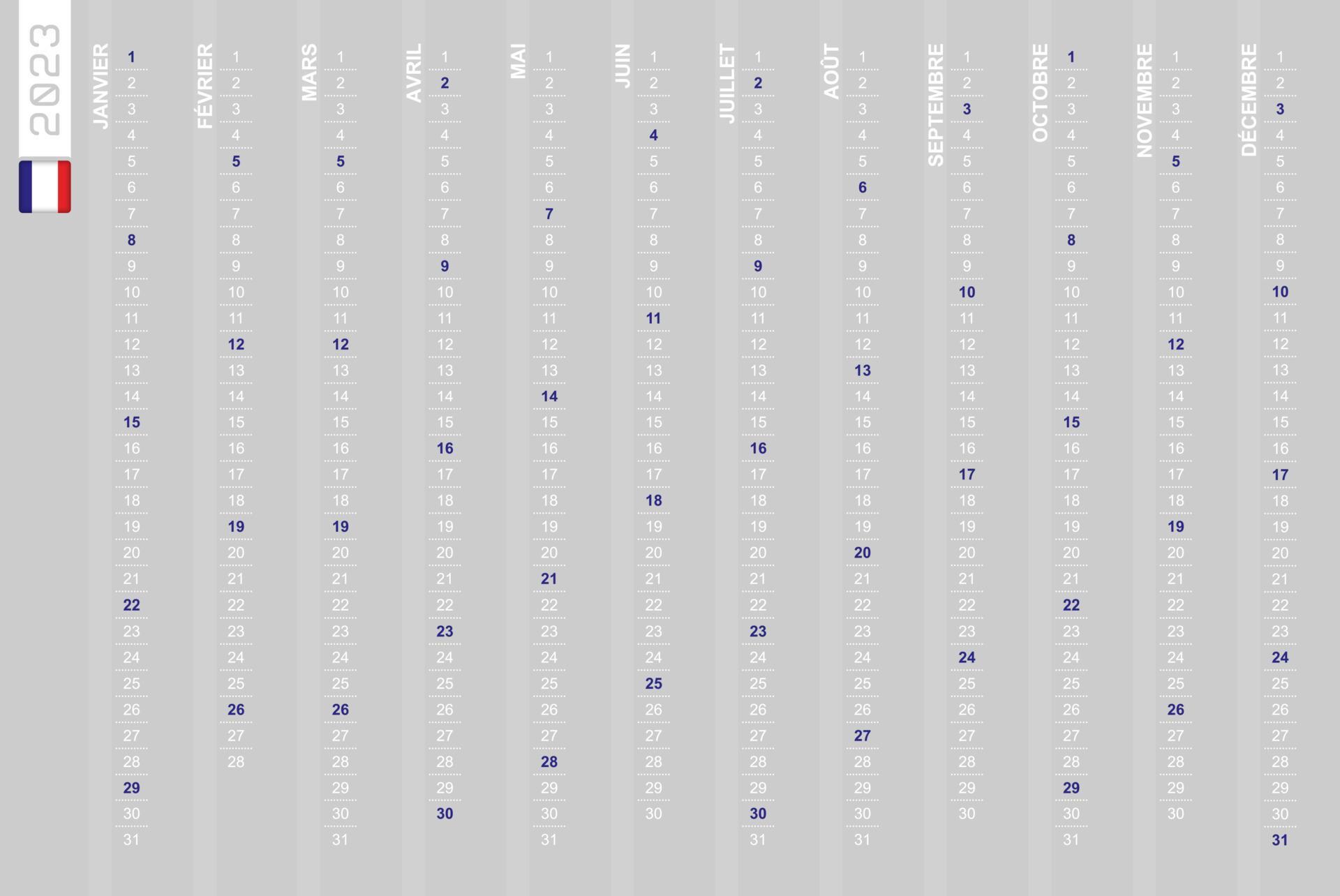 One-row vertical calendar for the year 2023 in French. French calendar ...