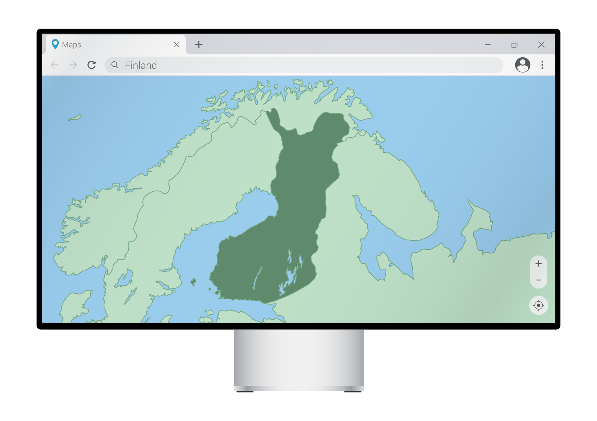 Computer monitor with map of Finland in browser, search for the country ...