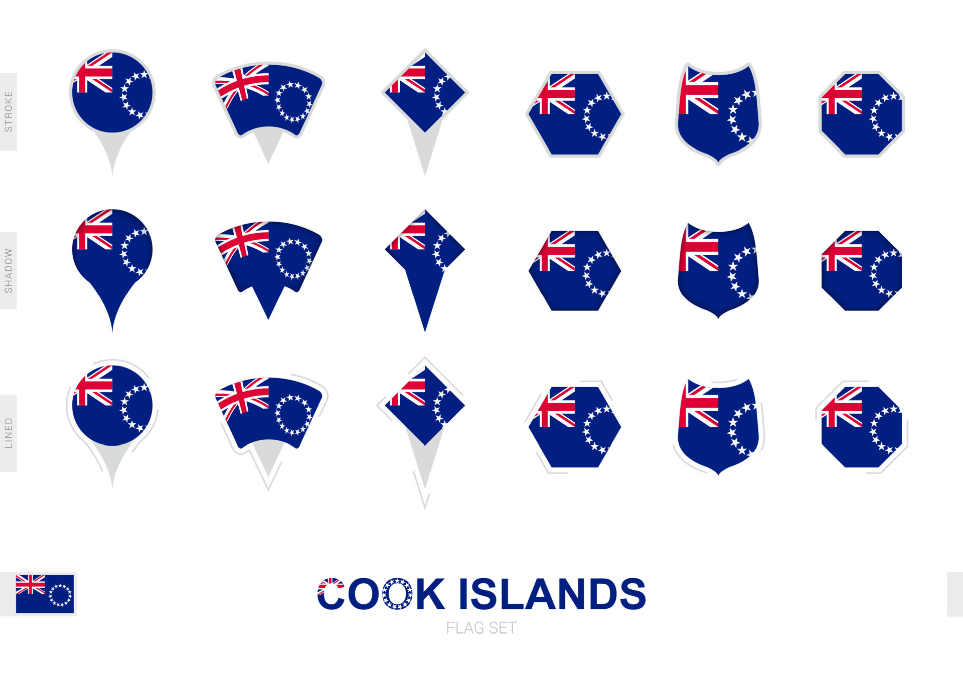 Collection of the Cook Islands flag in different shapes and with three different effects ...