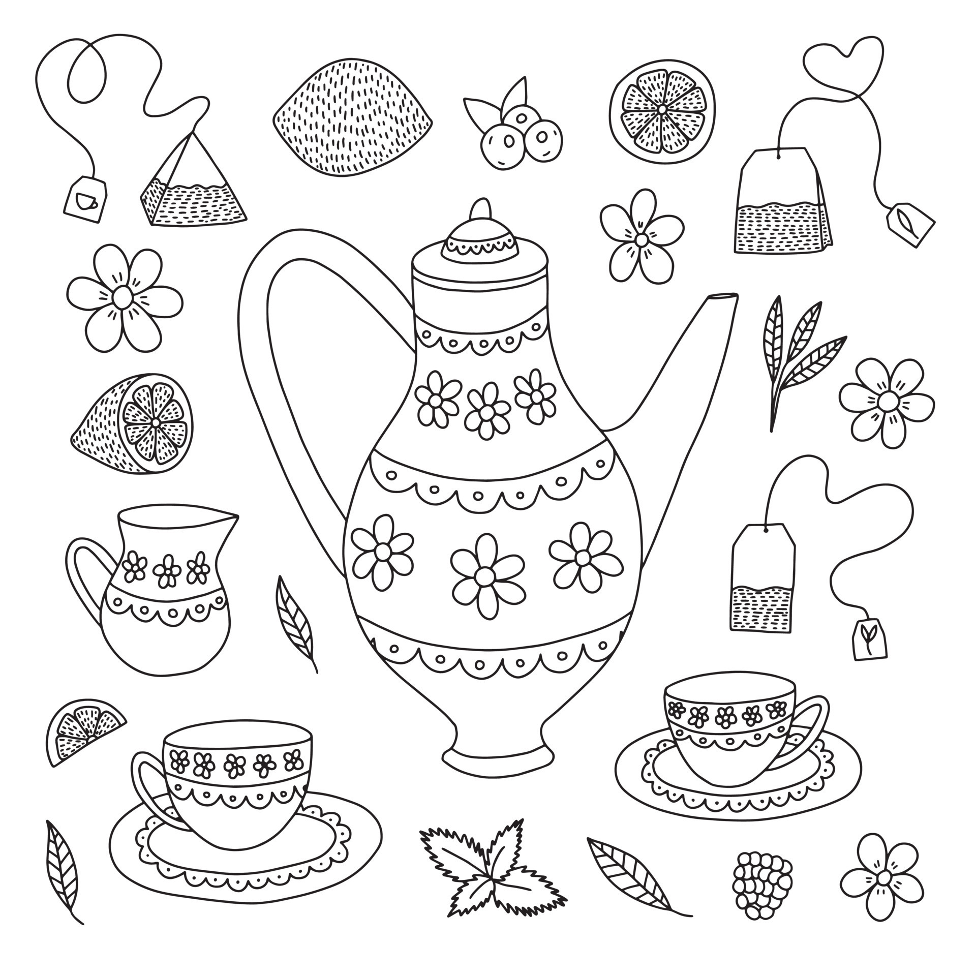 Hand drawn doodle tea collection. Vector tea service hand drawn set ... Hand drawn doodle tea collection. Vector tea service hand drawn set ...