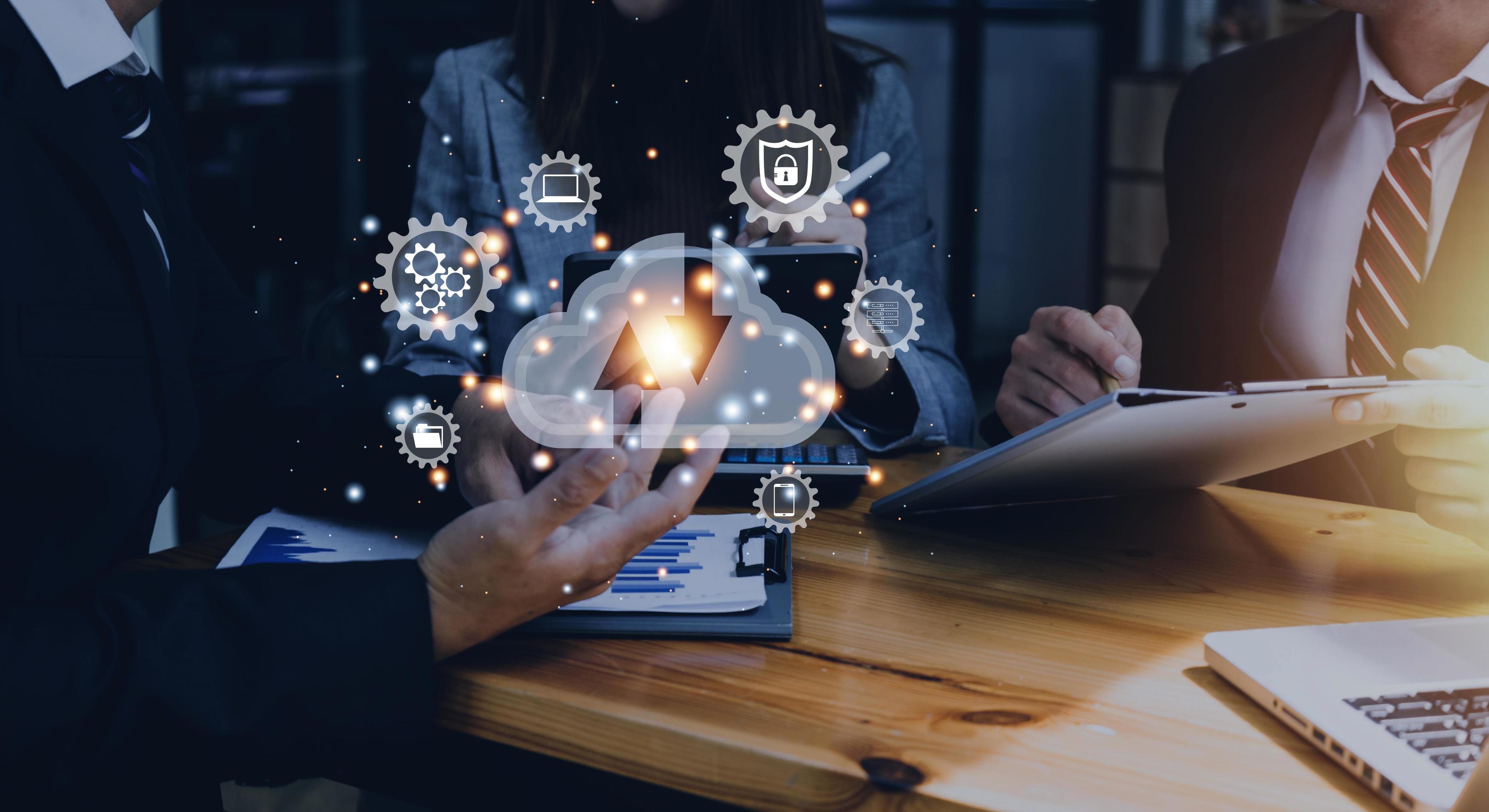 man use Laptop with cloud computing diagram show on hand. Cloud ...