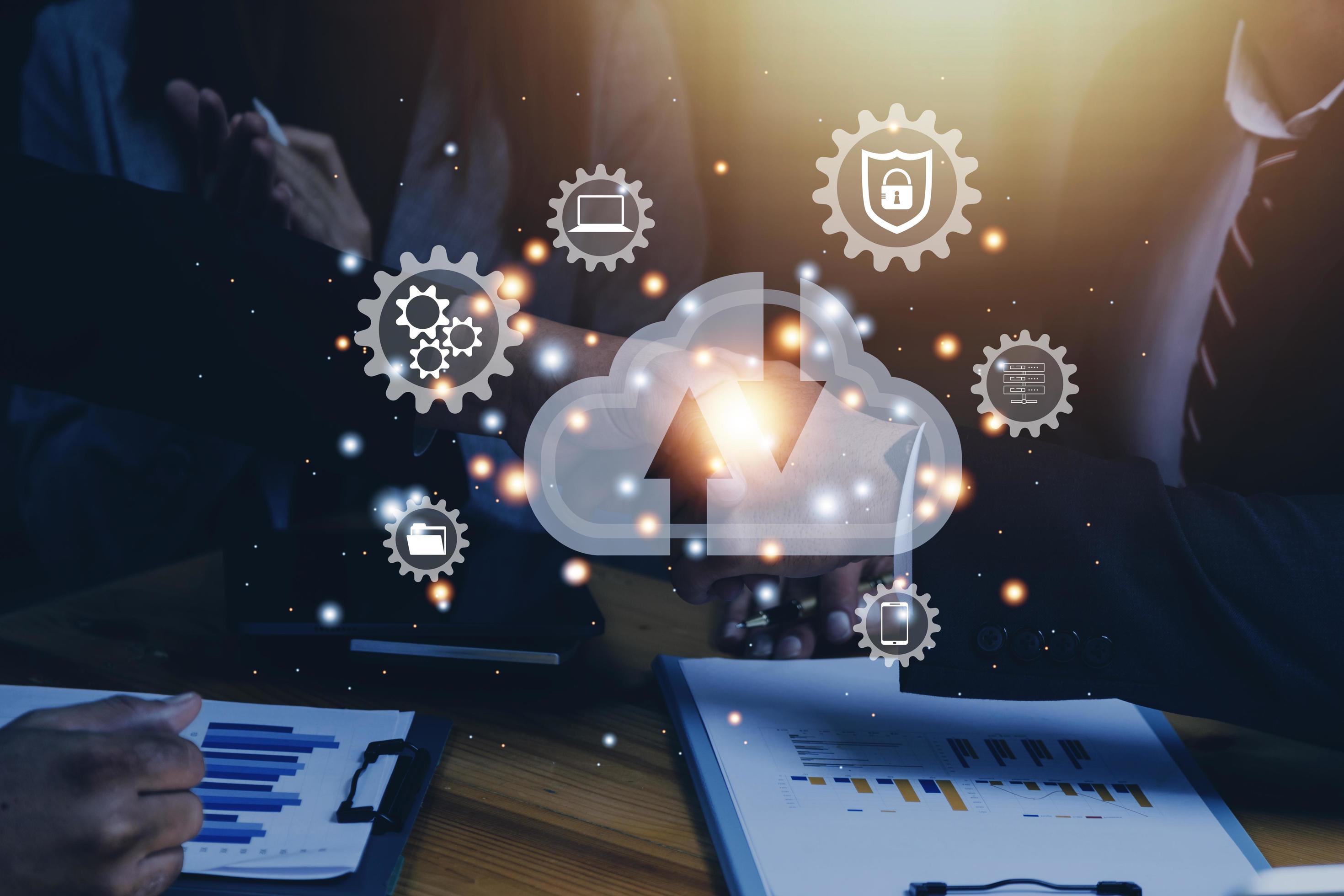 Man Use Laptop With Cloud Computing Diagram Show On Hand Cloud Technology Data Storage