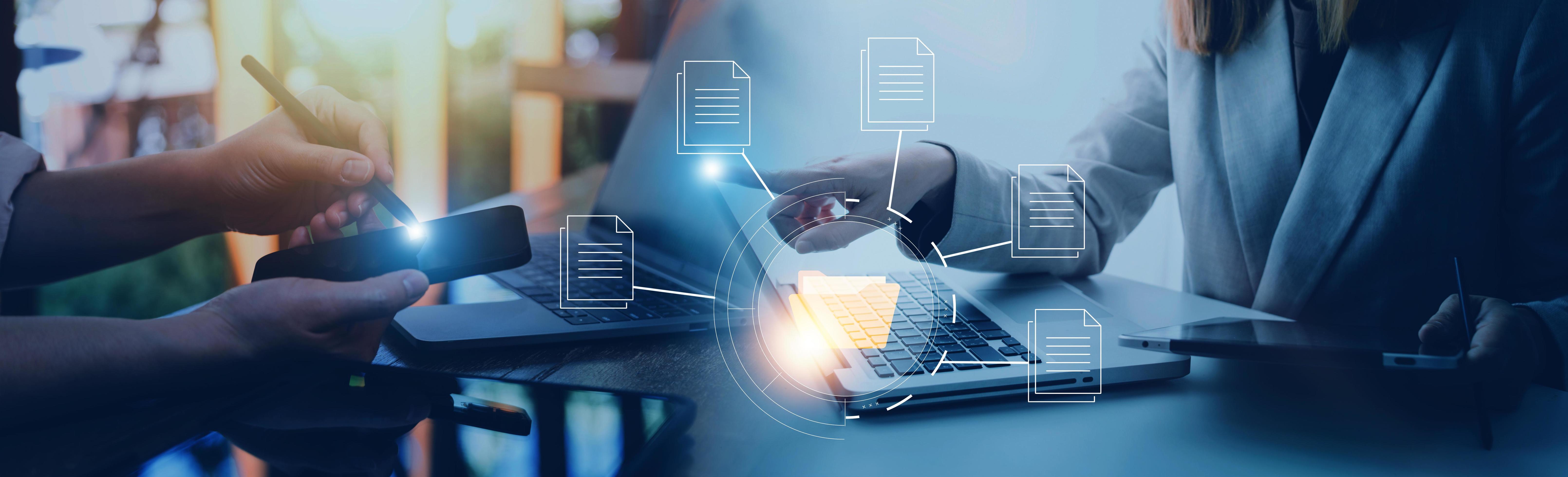 Document management system concept, business man holding folder and ...