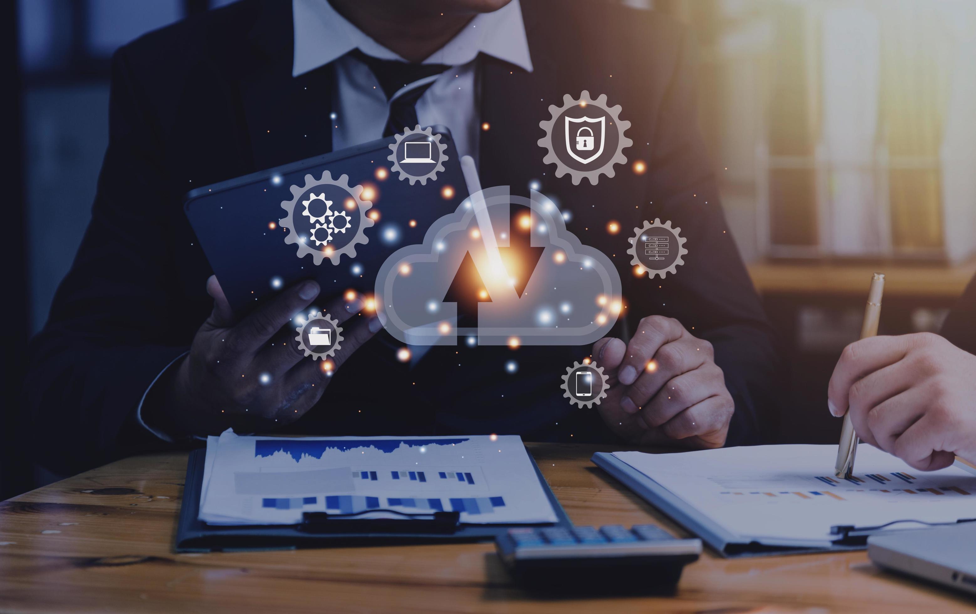 Man Use Laptop With Cloud Computing Diagram Show On Hand Cloud Technology Data Storage