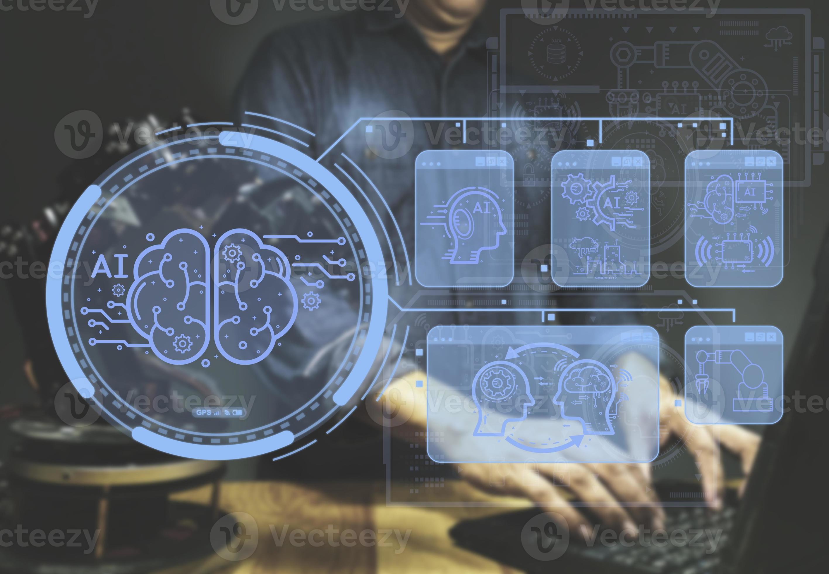 Asian male engineer programmer controlling learning ai robot arm, coding programmer working on ...