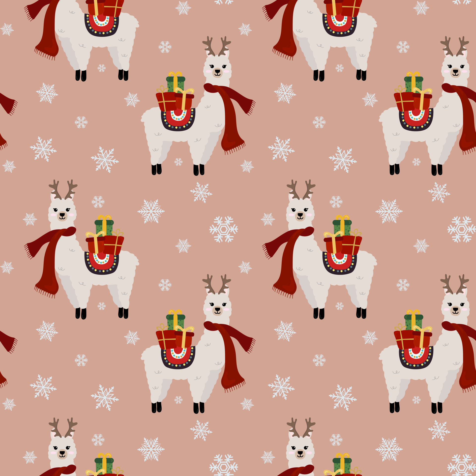 Winter seamless pattern with Christmas llamas, snowflakes and gifts ...