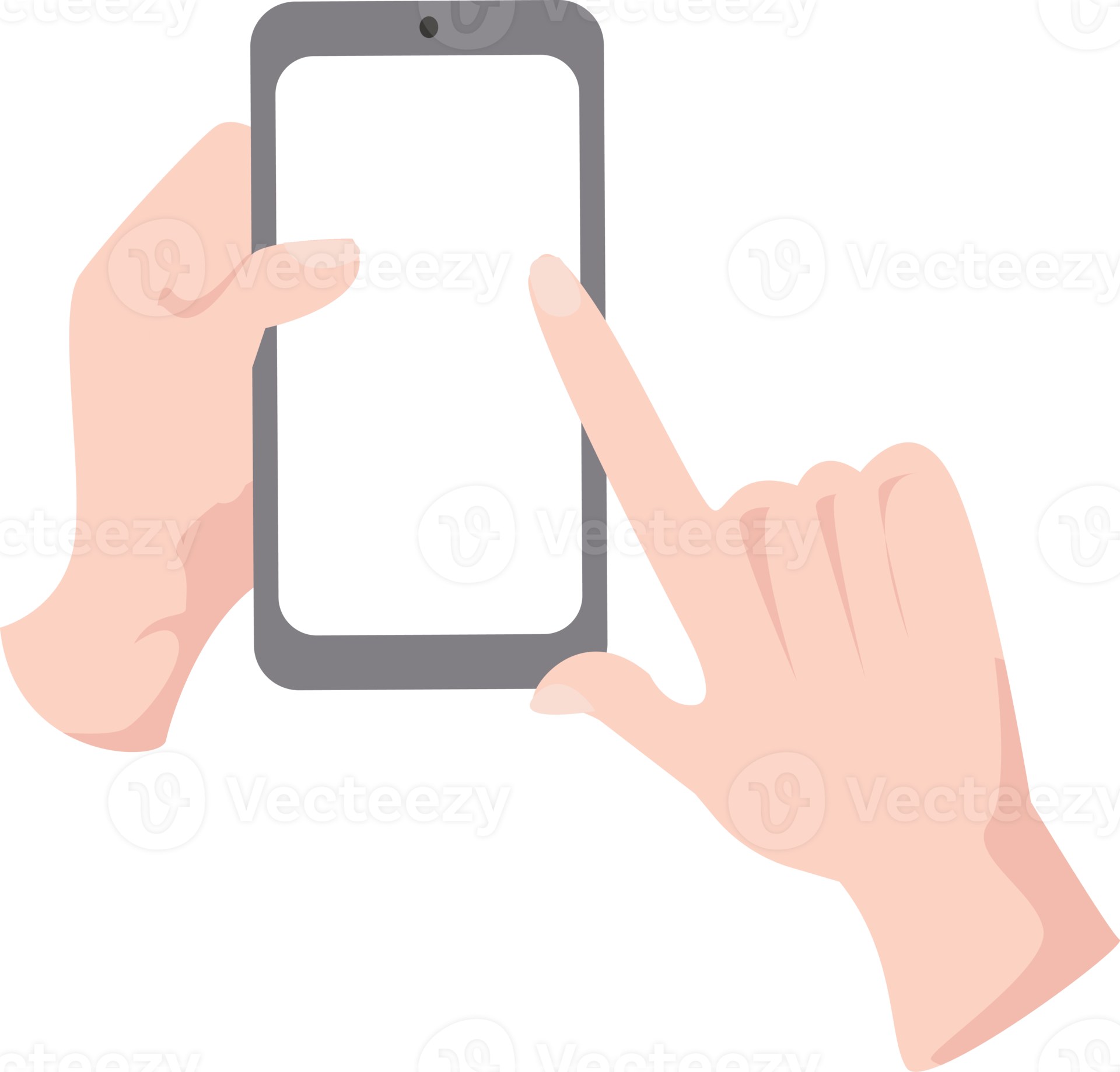 hand holding mobile phone portrait position and right hand touching a blank screen for mockup ...