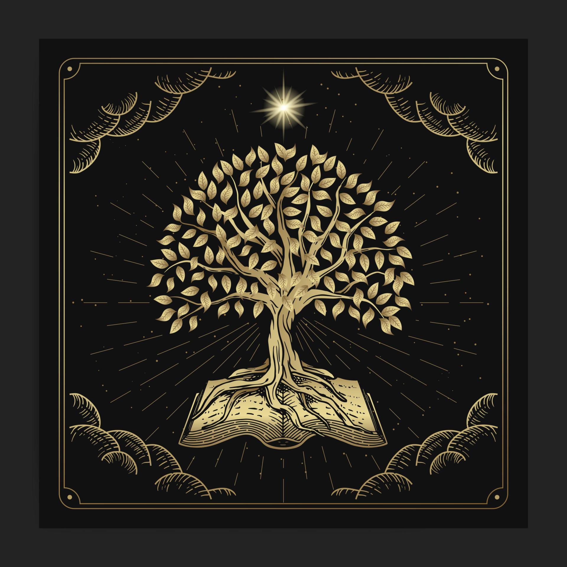 The tree of knowledge with ancient books with engraving, hand drawn ...