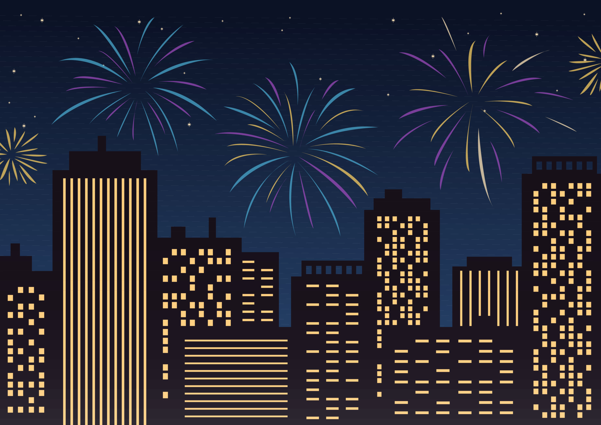 Fireworks in the city. Buildings with luminous windows against the sky with fireworks. Vector ...