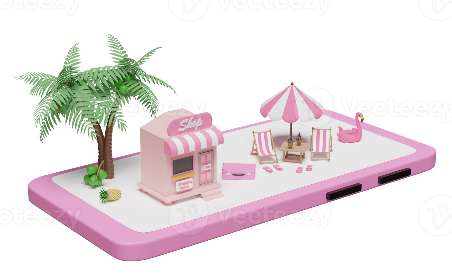 Mobile Phone Or Smartphone With Shop Store Front Beach Chair Umbrella Inflatable Flamingo