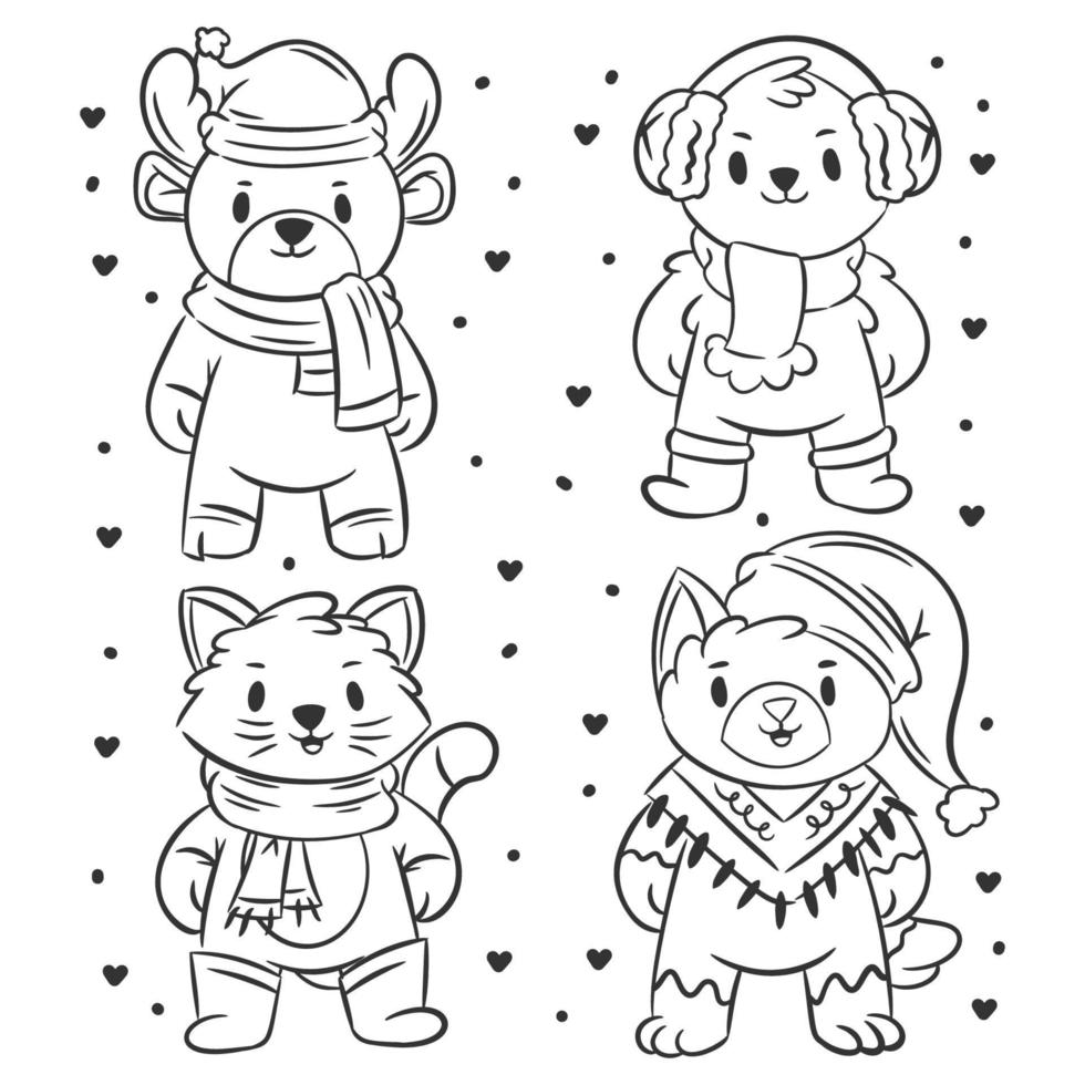 Christmas animal character set of hand drawn coloring 13918525 Vector ...