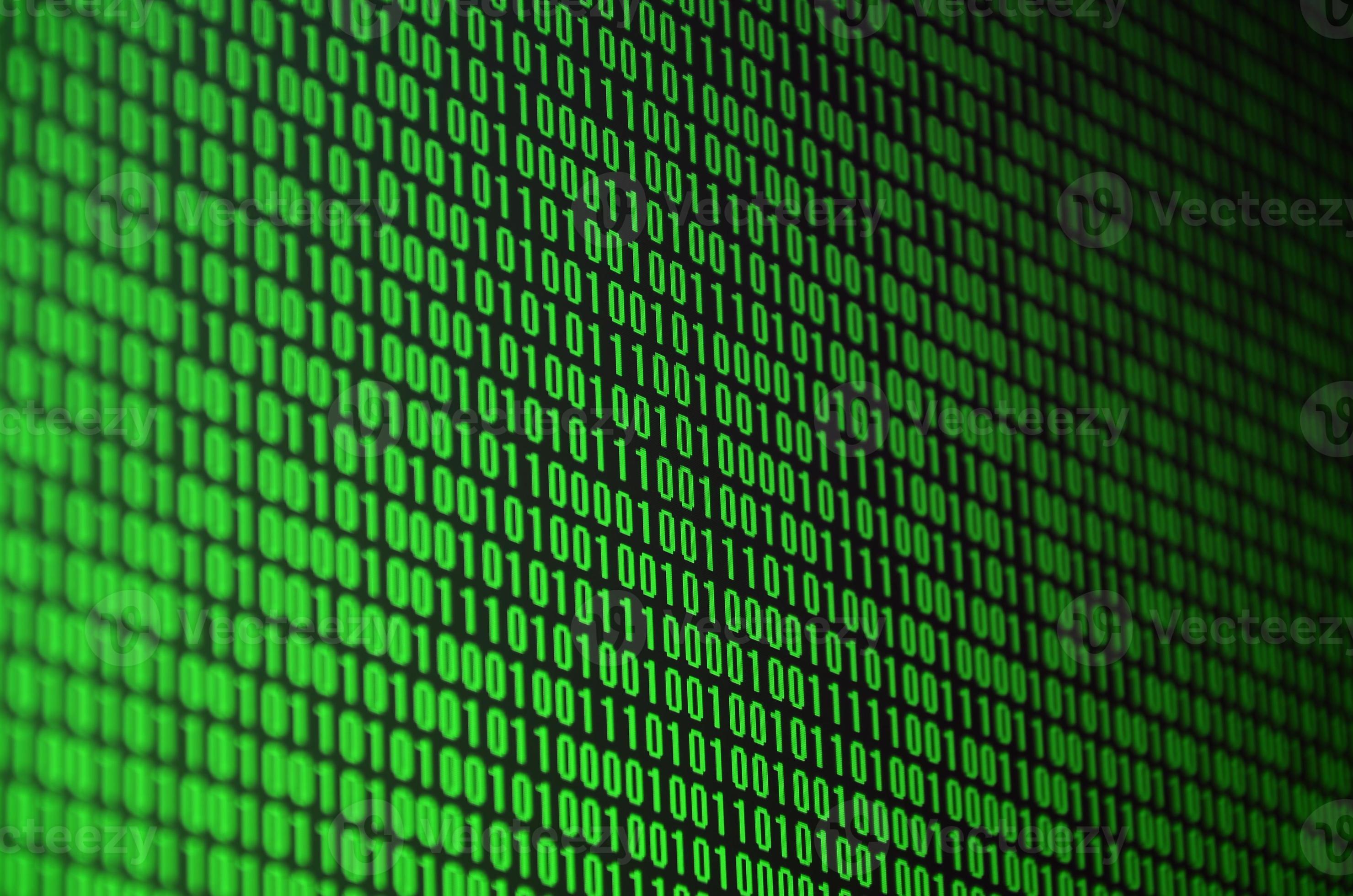 An image of a binary code made up of a set of green digits on a black ...