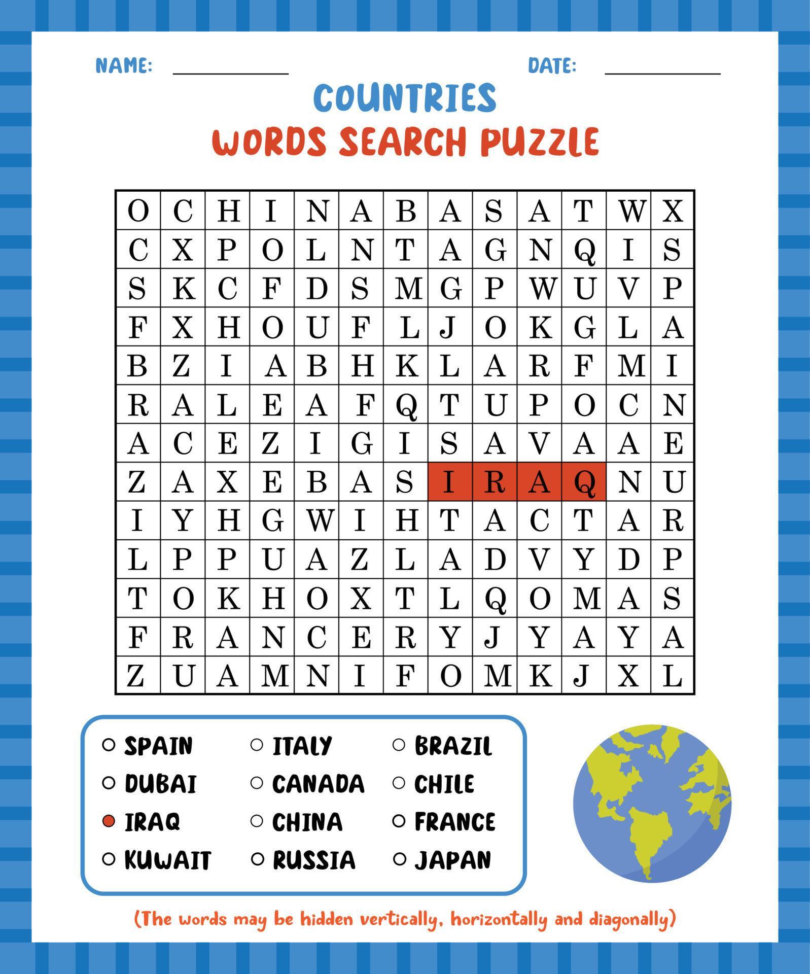 Word search game countries word search puzzle worksheet for learning ...