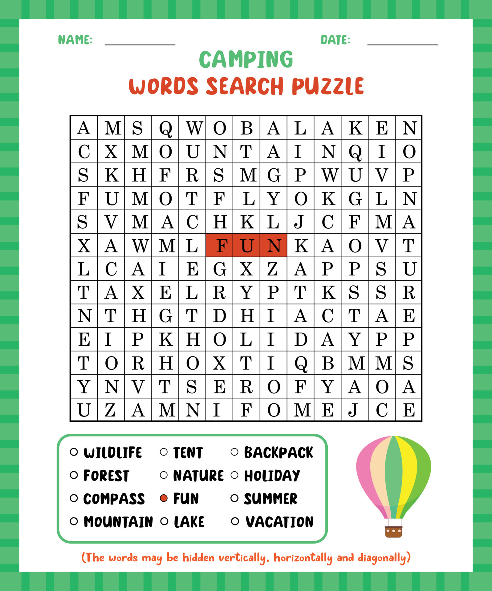 Word search game camping word search puzzle worksheet for learning ...