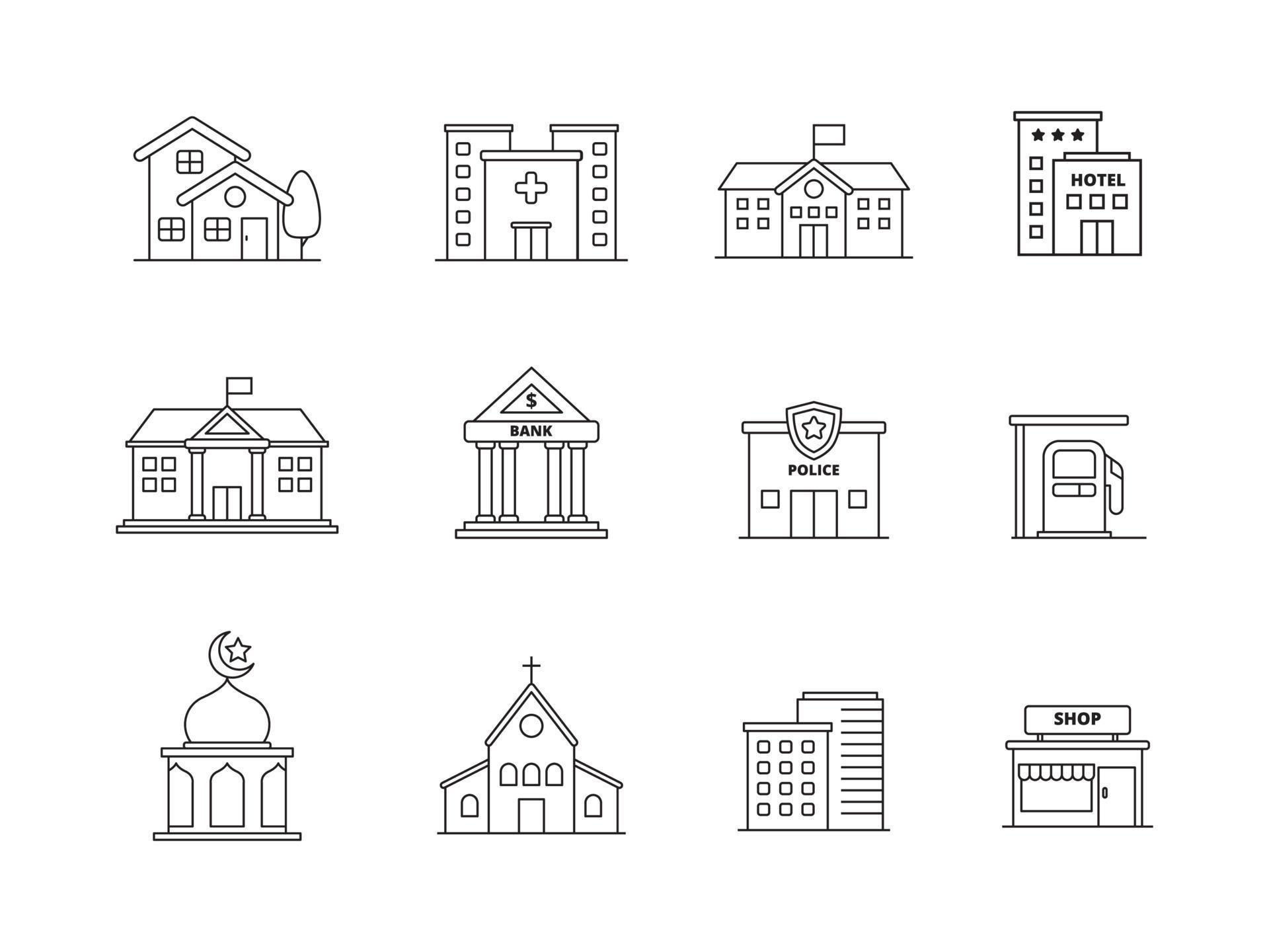 Set of building icons with linear style isolated on white background ...