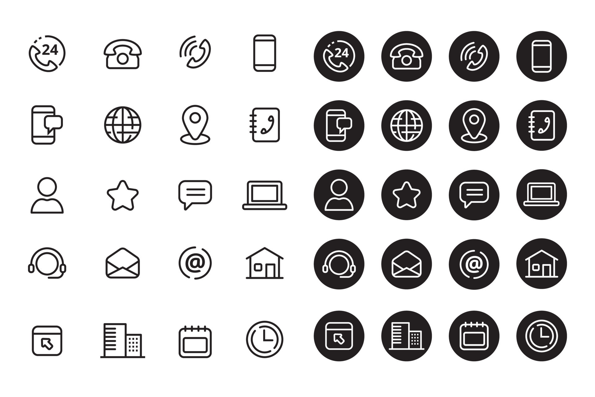 Set Of Contact And Communication Icons With Linear And Black Designs Isolated On White