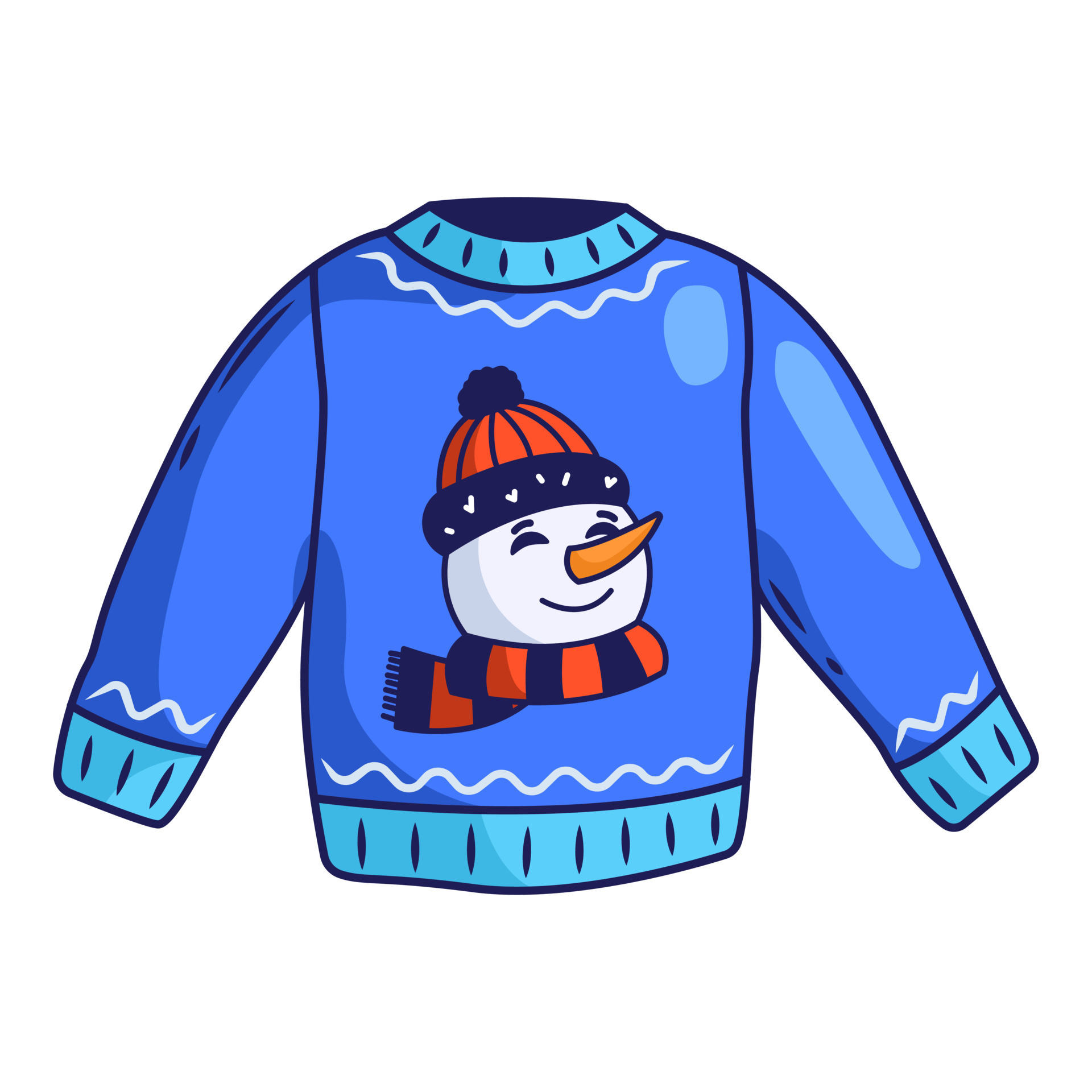 suéter azul de invierno con cabeza de muñeco de nieve en un sombrero y ... suéter azul de invierno con cabeza de muñeco de nieve en un sombrero y ...