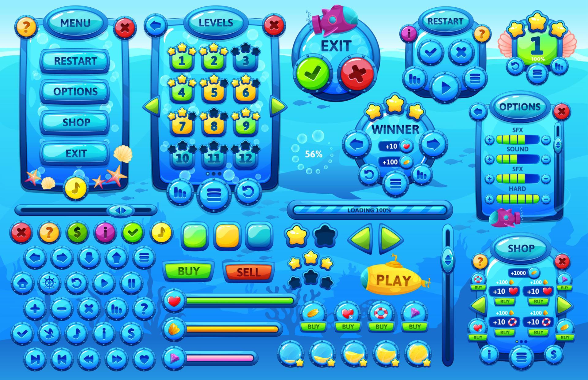 Underwater ocean game interface, cartoon sea GUI 13937421 Vector Art at ...