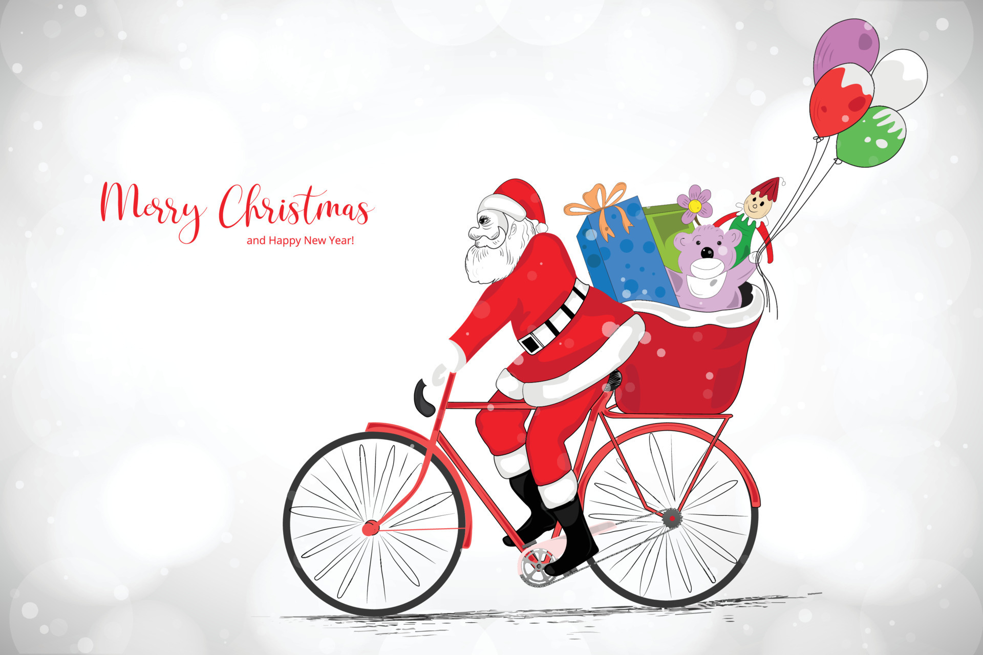 Illustration santa claus on riding a bicycle delivering christmas gifts on card background ...