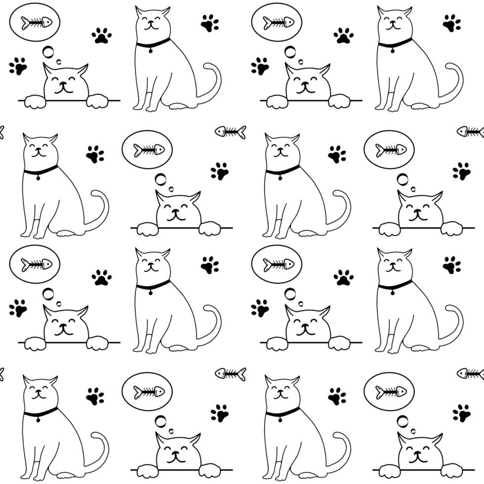 Cute Cat Character Seamless Pattern Isolated On White Background Simple Doodle Drawing In
