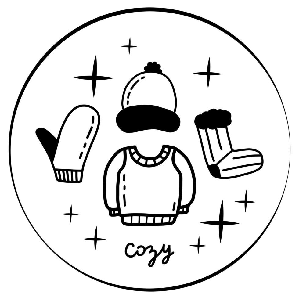 Cozy winter clothes icon set. Flat doodle sweater, hat, mittens, socks ...