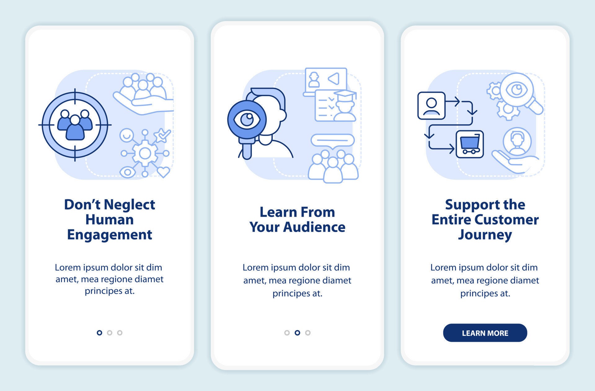 People First Mindset Light Blue Onboarding Mobile App Screen Walkthrough 3 Steps Graphic