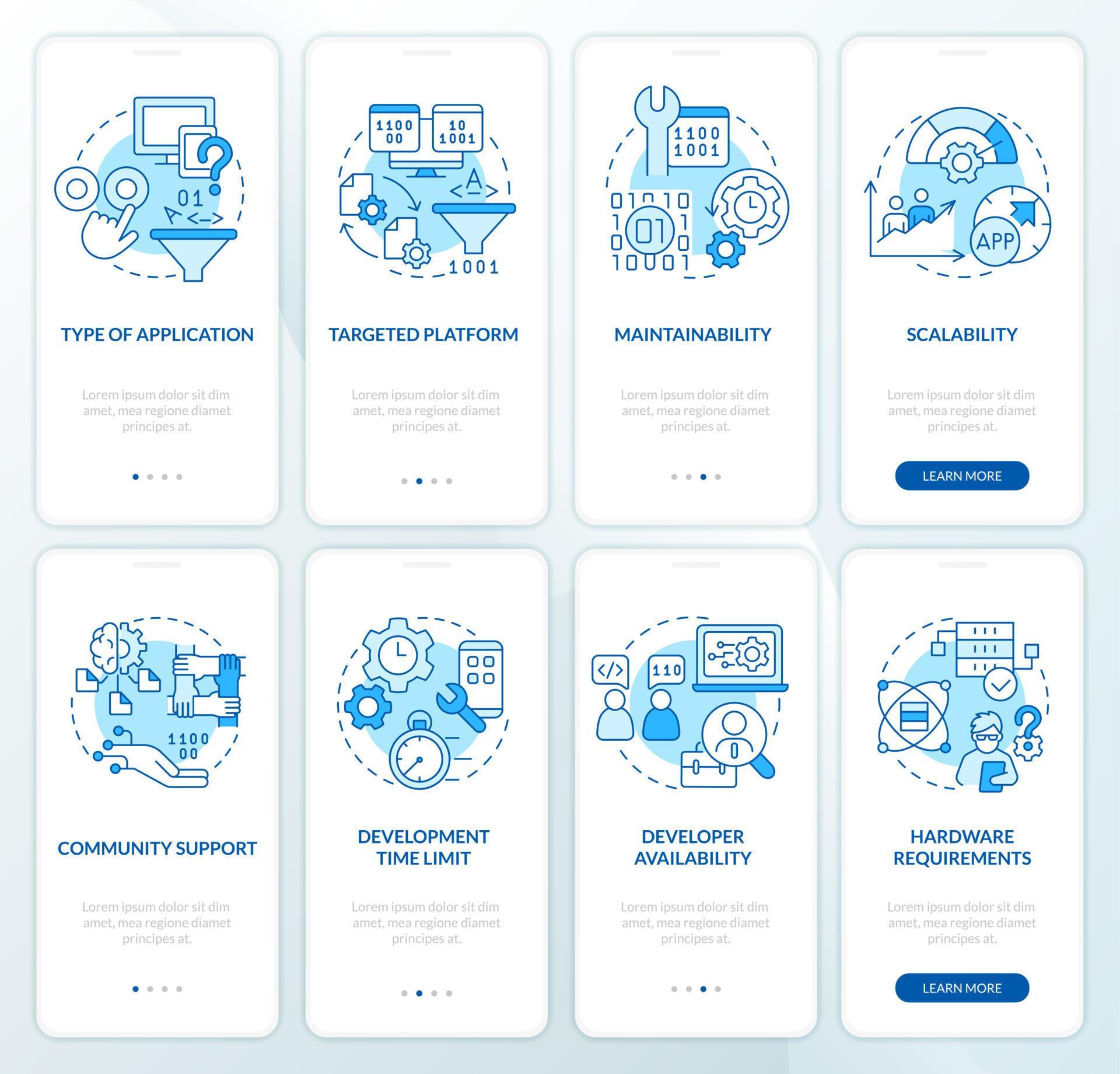 Programming Language Choice Blue Onboarding Mobile App Screen Set Walkthrough 5 Steps Graphic