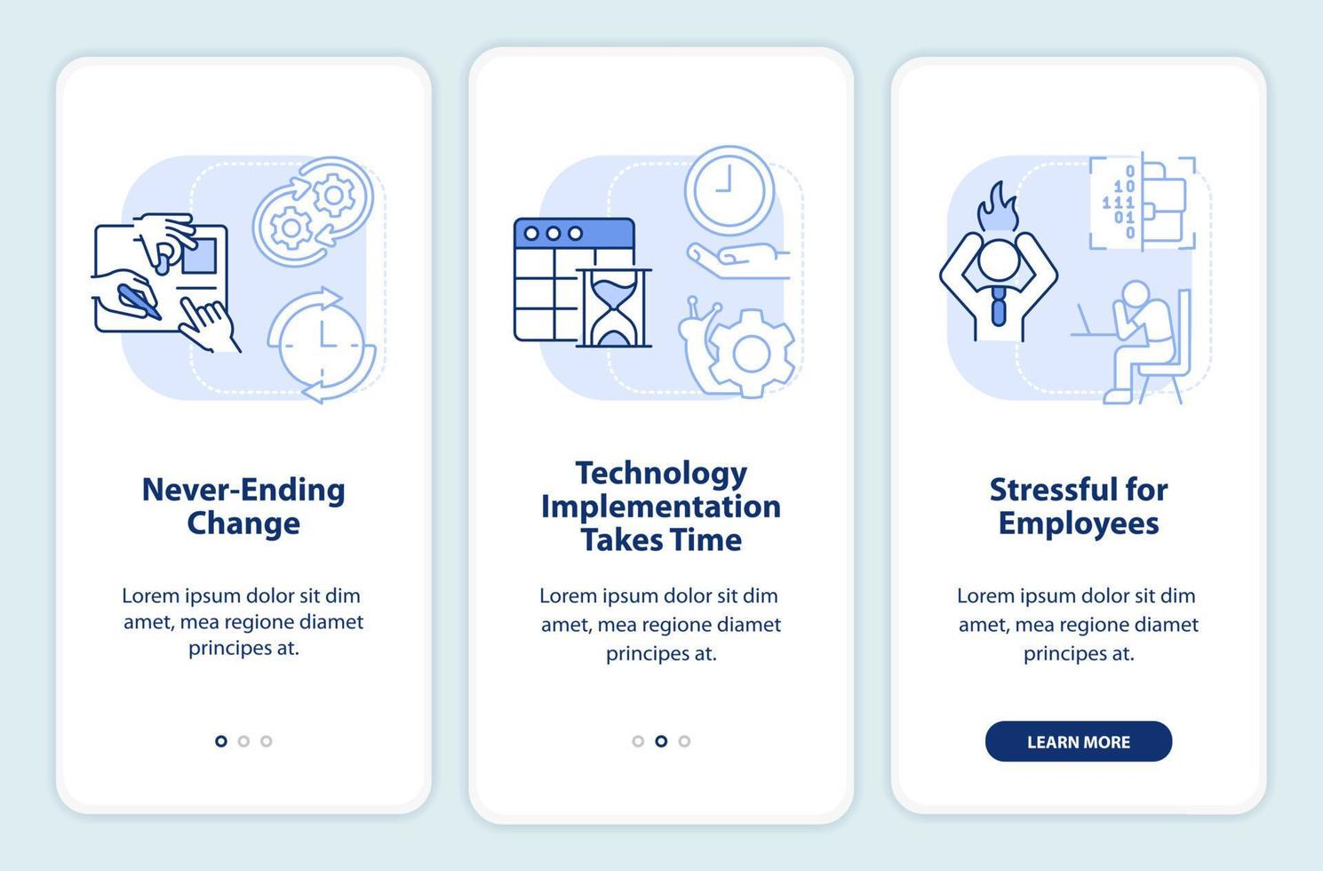 Digital Transformation Cons Light Blue Onboarding Mobile App Screen Walkthrough 3 Steps Graphic